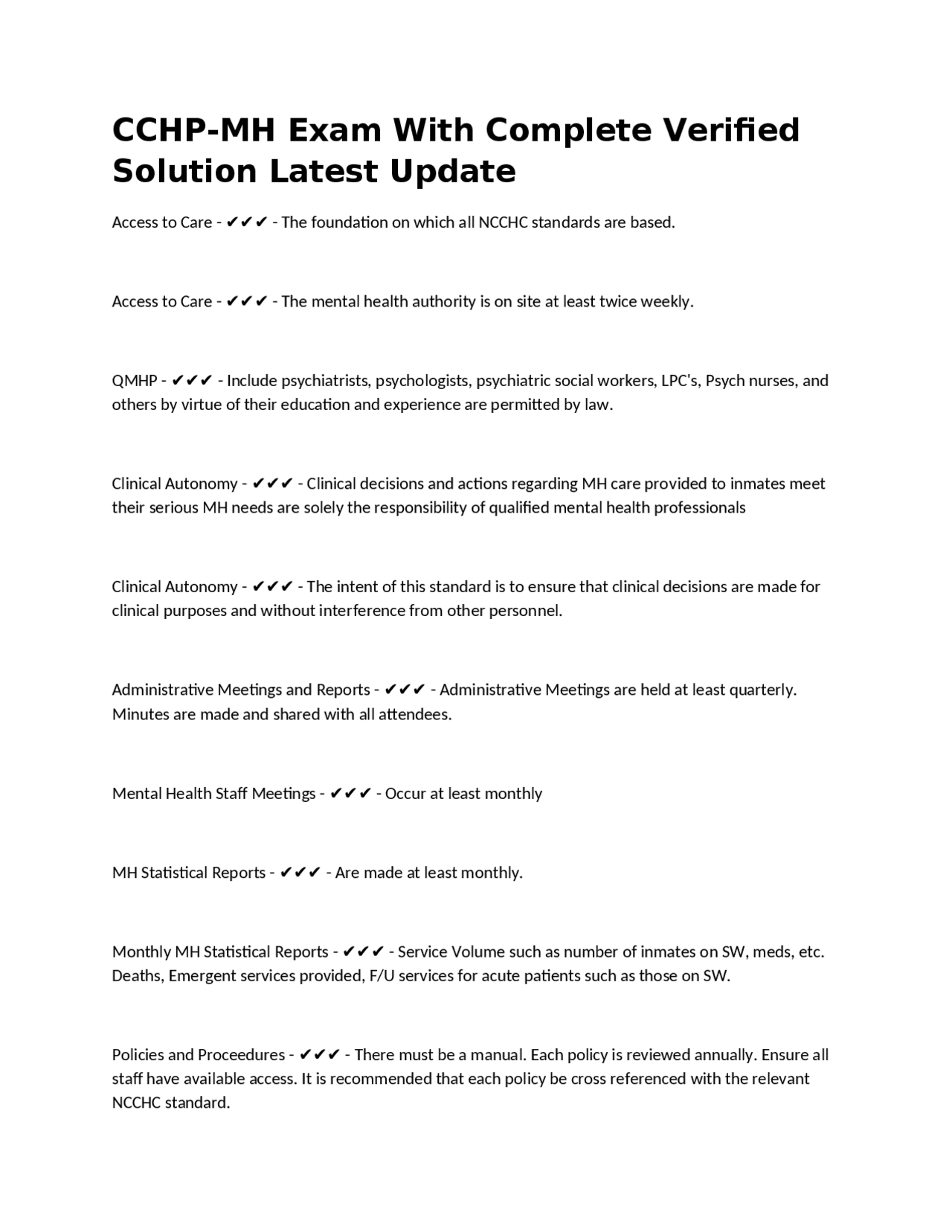 CCHP-MH Exam With Complete Verified Solution Latest Update | Exams ...