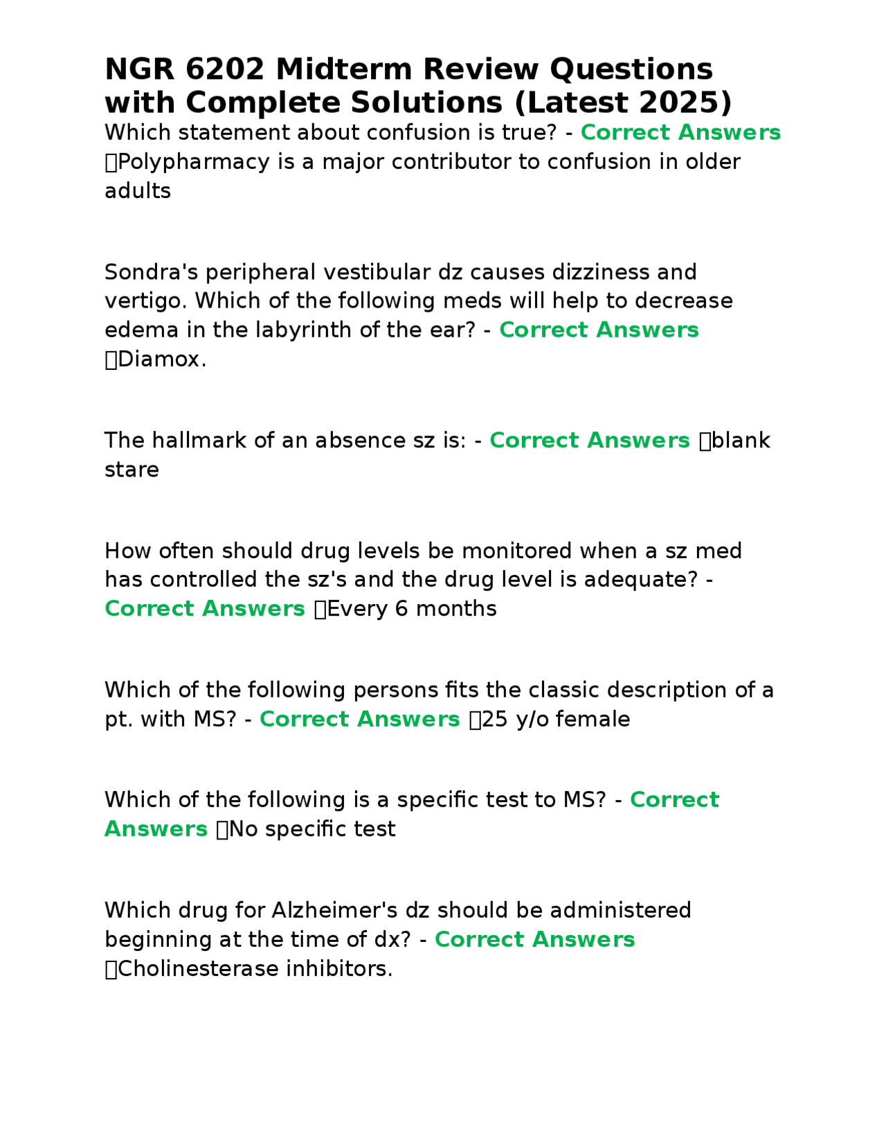 NGR 6202 Midterm Review Questions with Complete Solutions (Latest 2025 ...