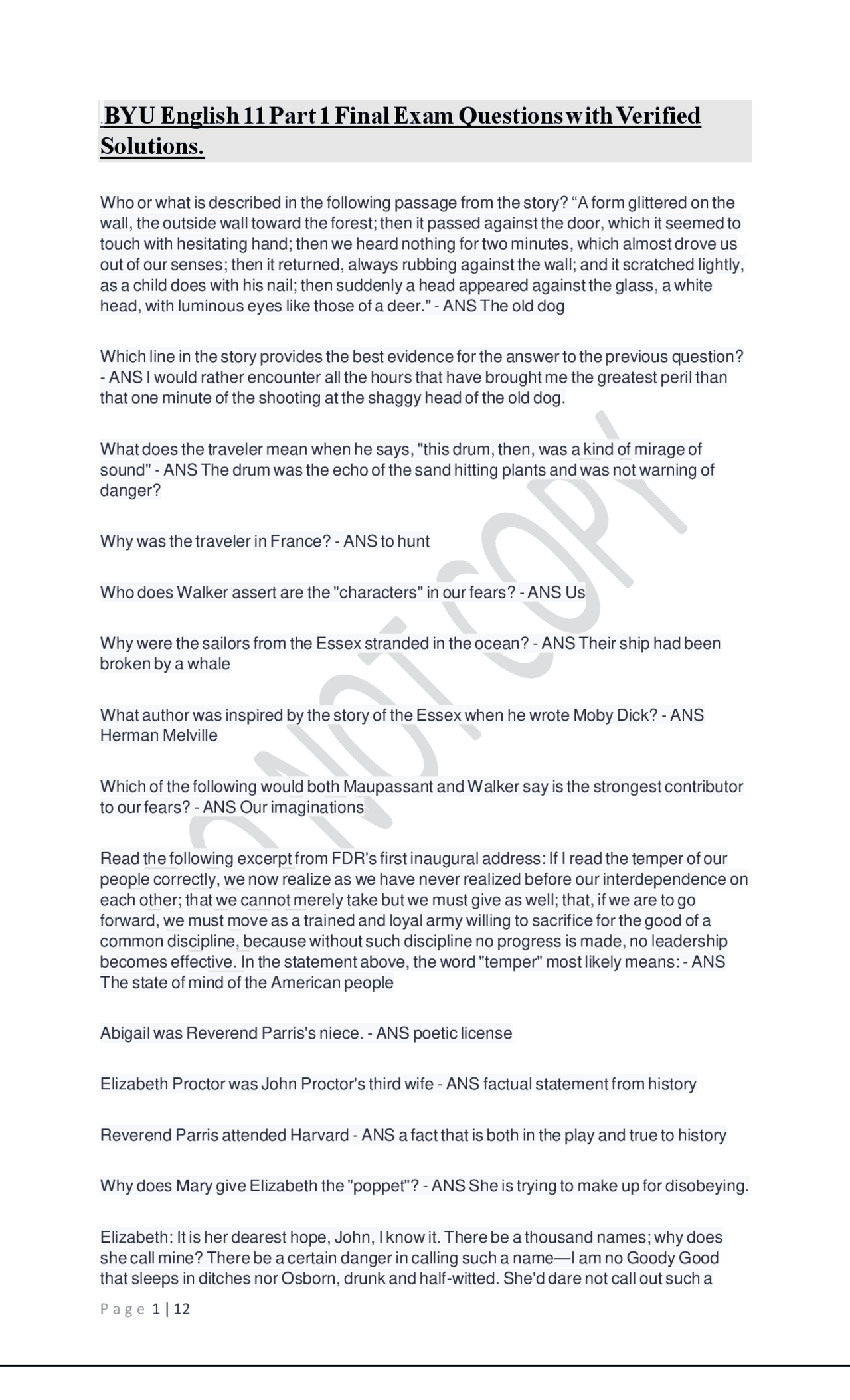 BYU English 11 Part 1 Final Exam Questions and Answers | Exams English ...