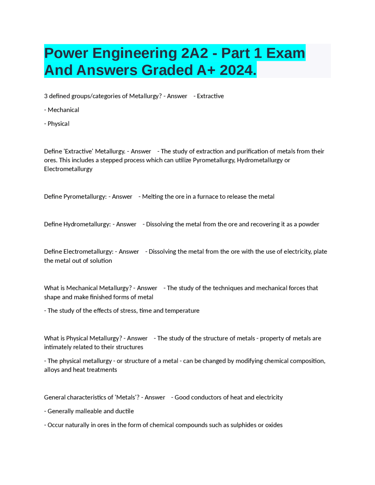 Power Engineering 2A2 - Part 1 Exam And Answers Graded A+ 2024. | Exams Power Plant Engineering ...