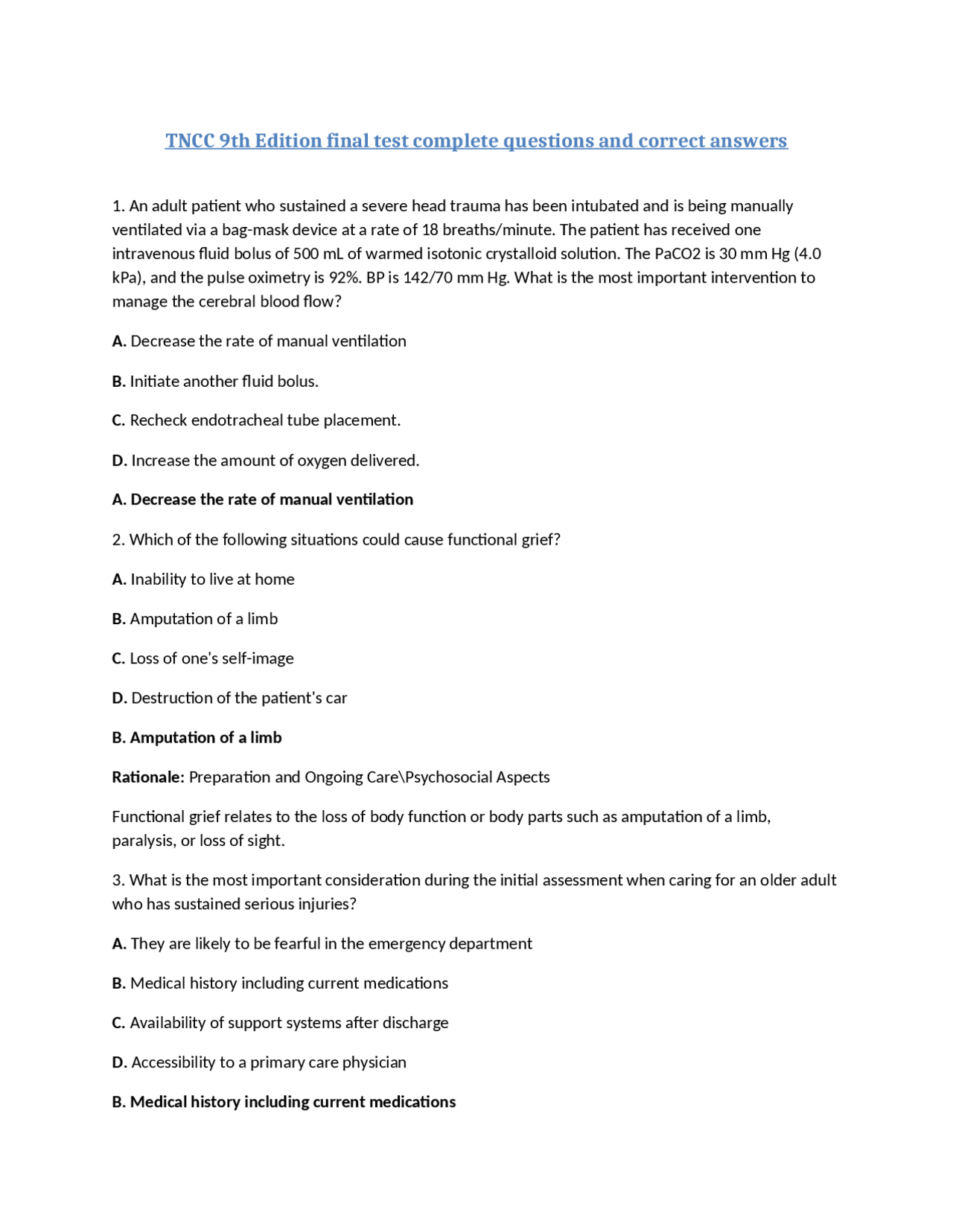 TNCC 9th Edition Final Test: Complete Questions and Answers | Exams ...