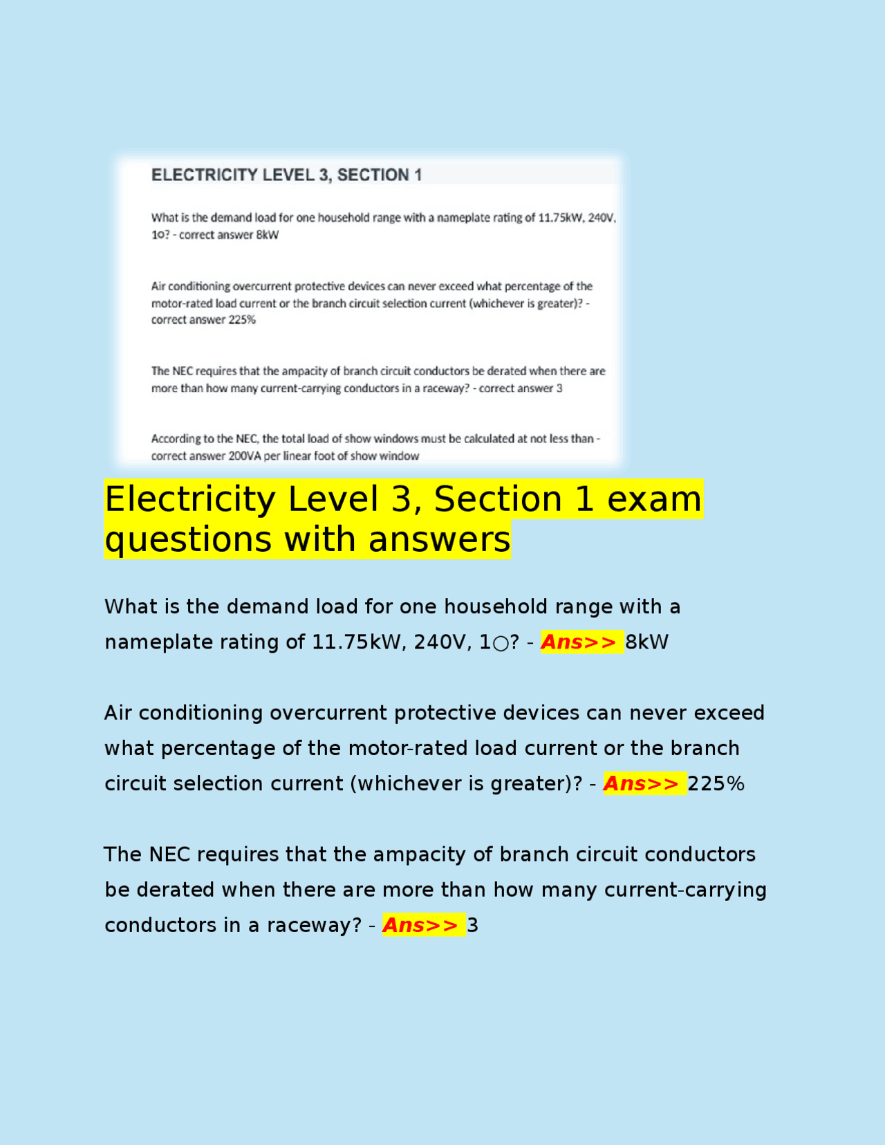 Electricity Level 3, Section 1 Exam Questions and Answers | Exams ...