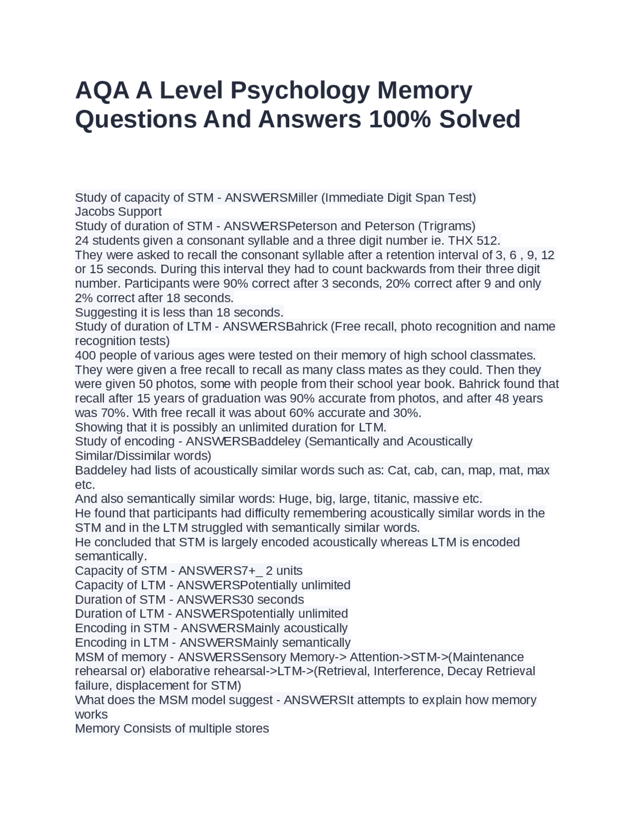 AQA A Level Psychology Memory Questions and Answers: A Comprehensive ...