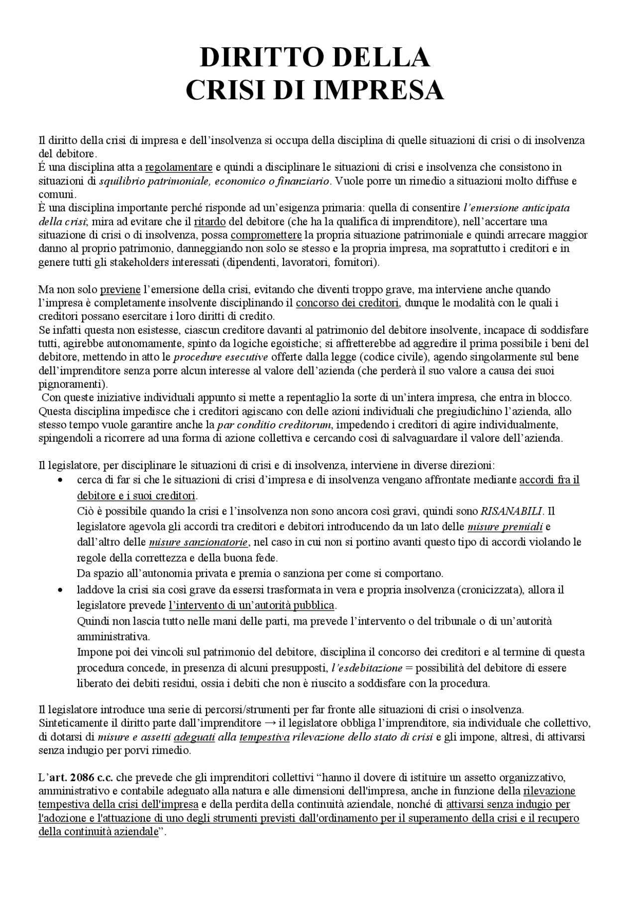 DIRITTO DELLA CRISI DI IMPRESA dispensa | Dispense di Diritto delle crisi d'impresa | Docsity