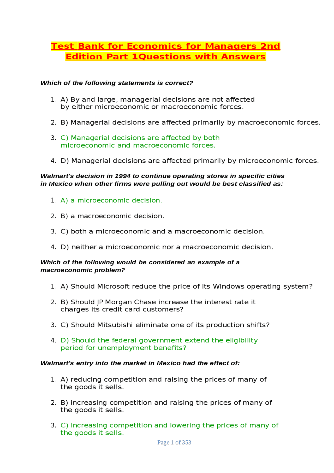 Test Bank for Economics for Managers: 2nd Edition - Part 1 Questions ...
