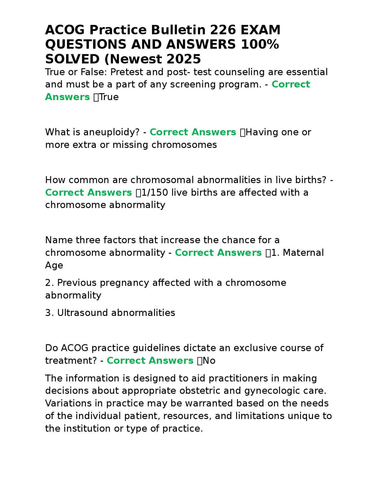 ACOG Practice Bulletin 226: Aneuploidy Screening Exam Questions and ...