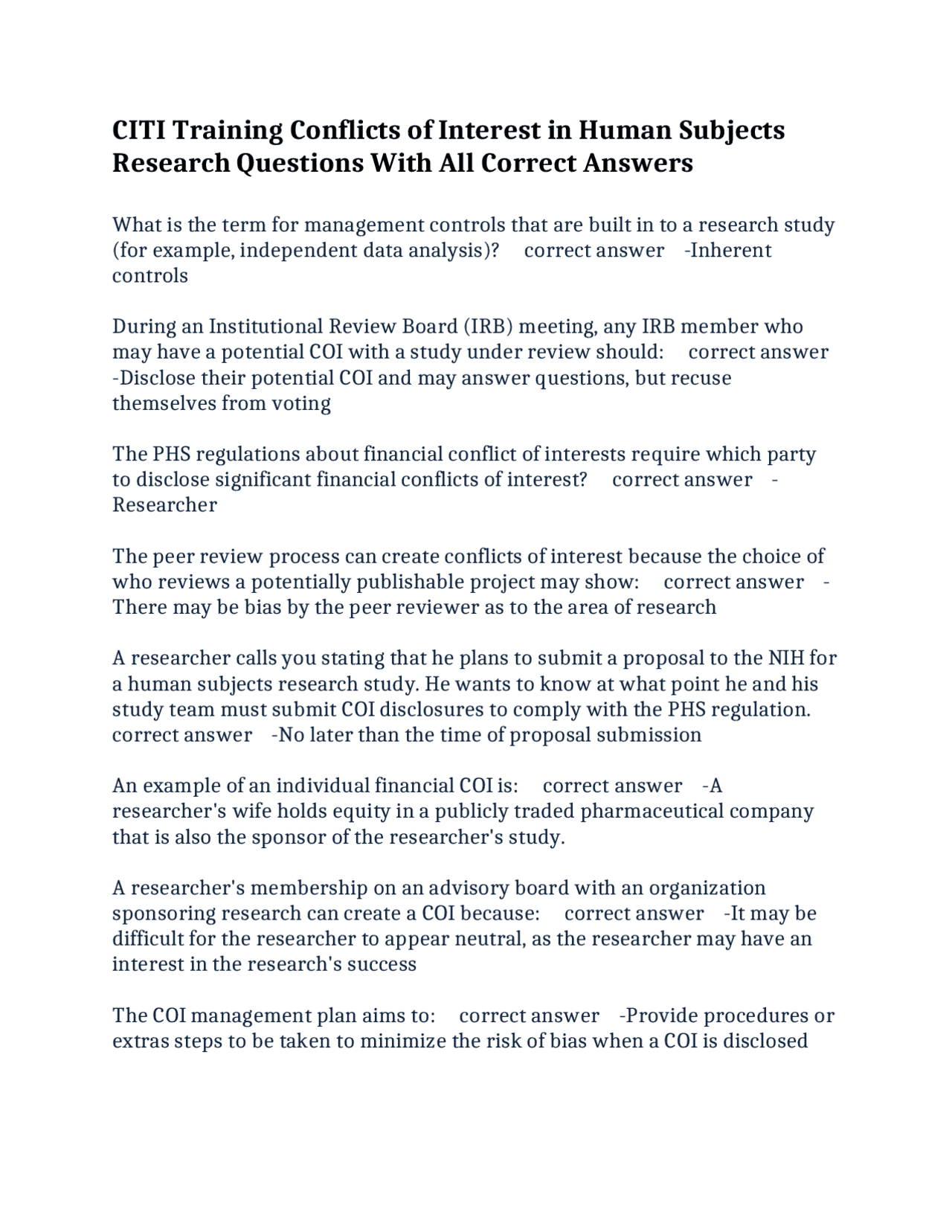 CITI Training Conflicts of Interest in Human Subjects Research: Questions and Answers | Exams ...