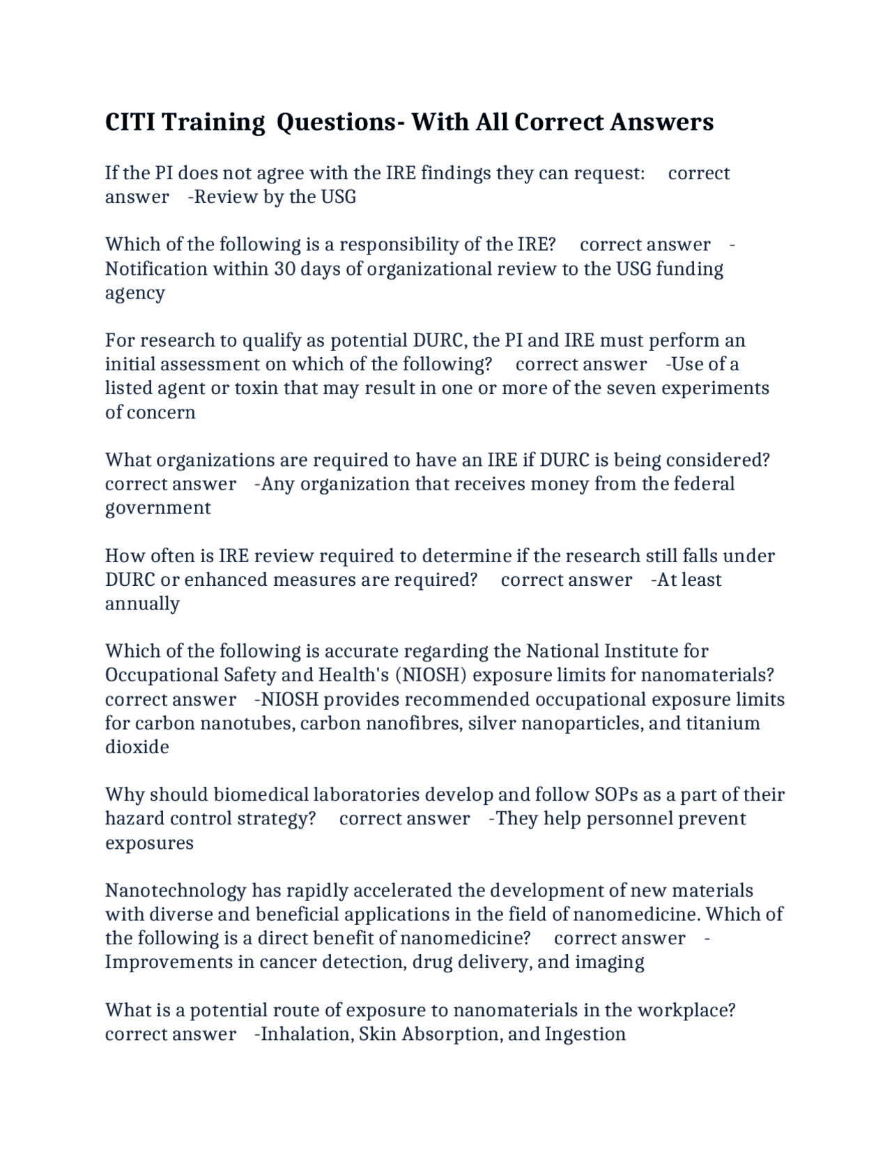 CITI Training Questions- With All Correct Answers | Exams Public Health ...