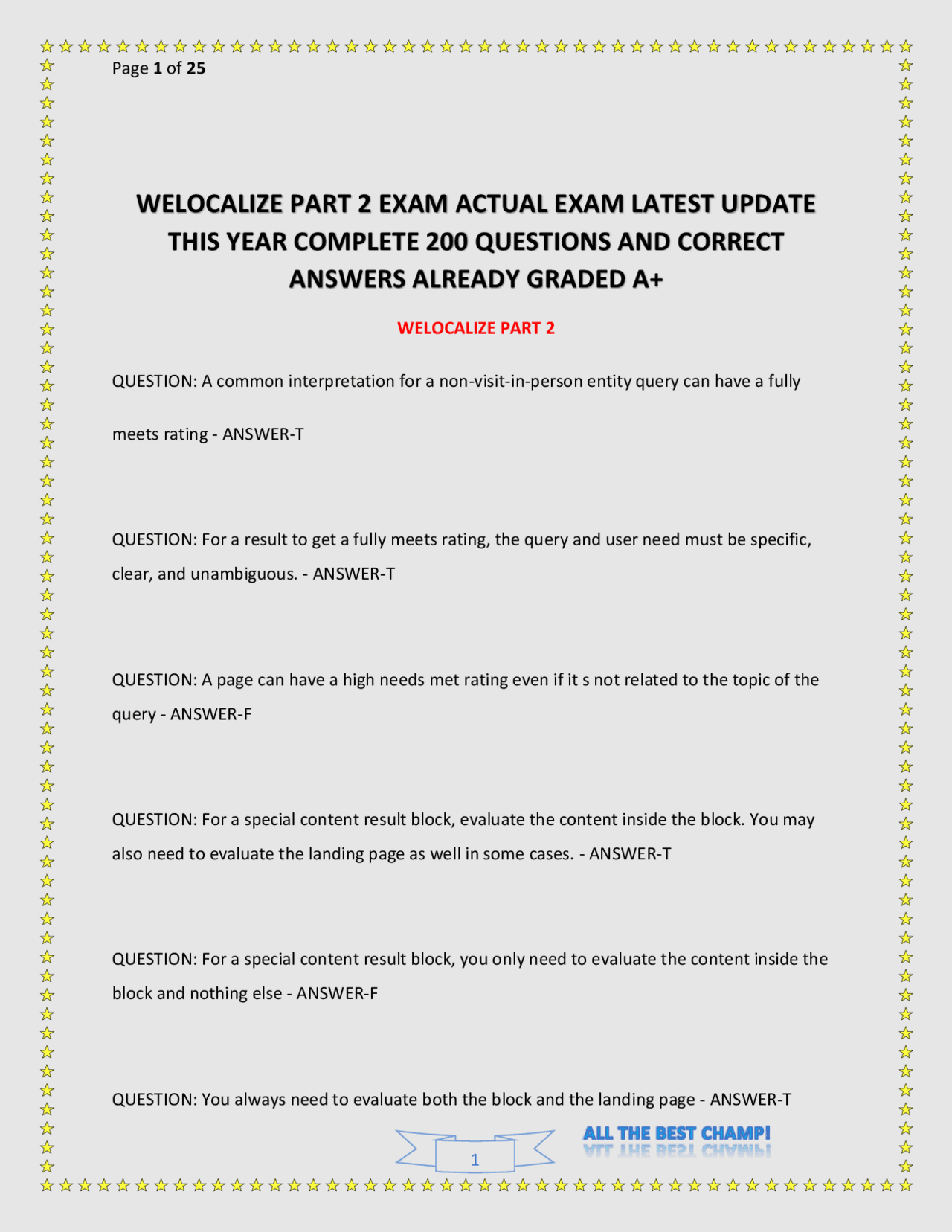 WELOCALIZE PART 2 EXAM ACTUAL EXAM LATEST UPDATE THIS YEAR COMPLETE 200 ...