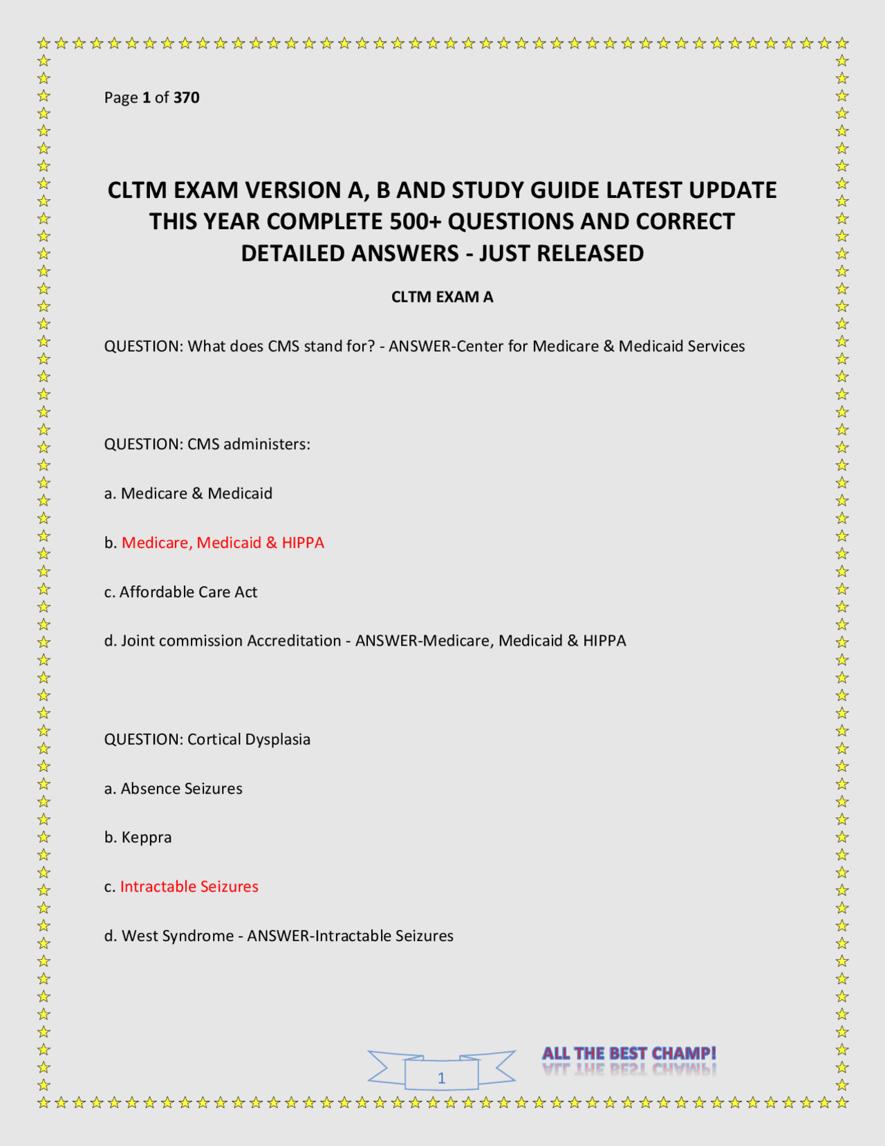 CLTM EXAM VERSION A, B AND STUDY GUIDE LATEST UPDATE THIS YEAR COMPLETE ...