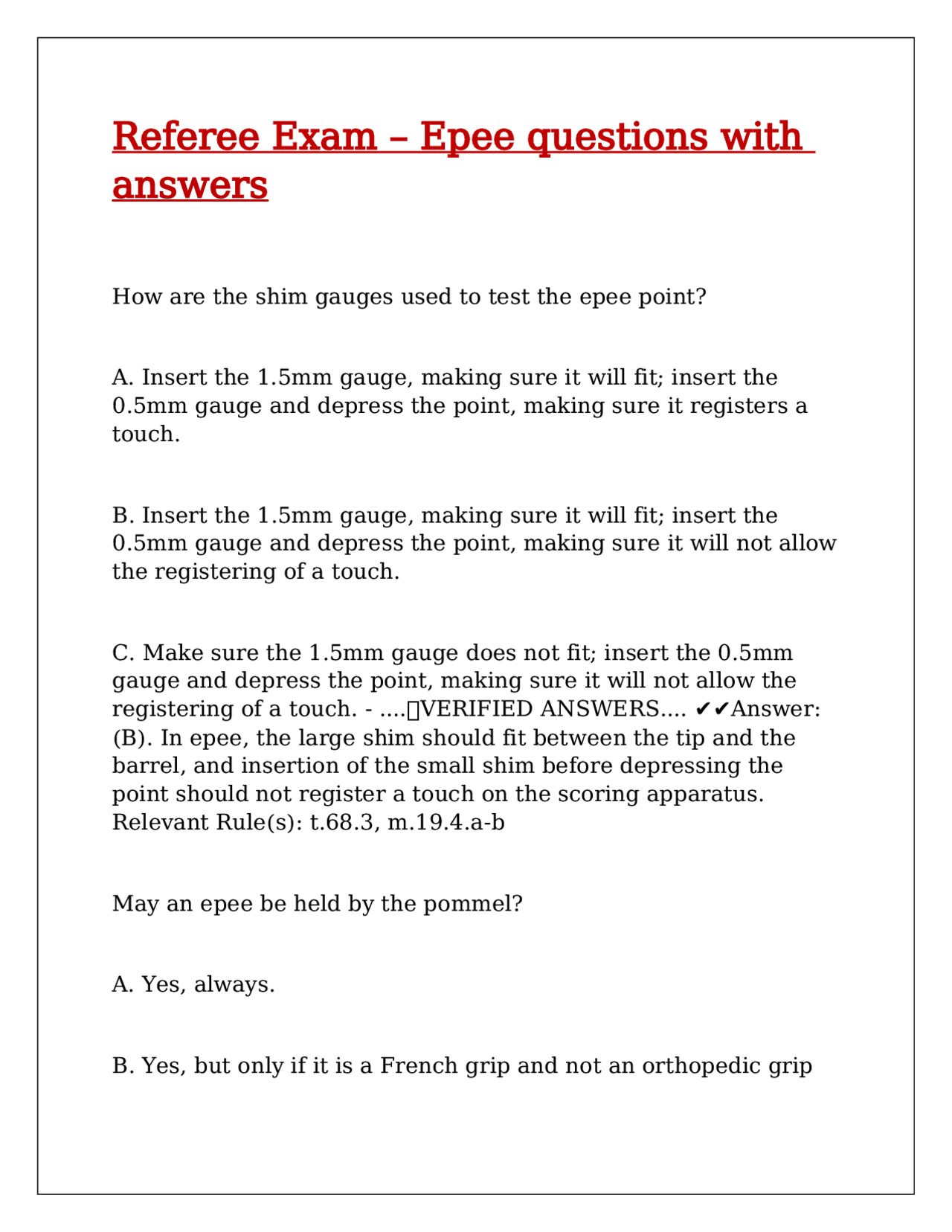 Referee Exam - Epee Questions and Answers | Exams Physical Activity and ...