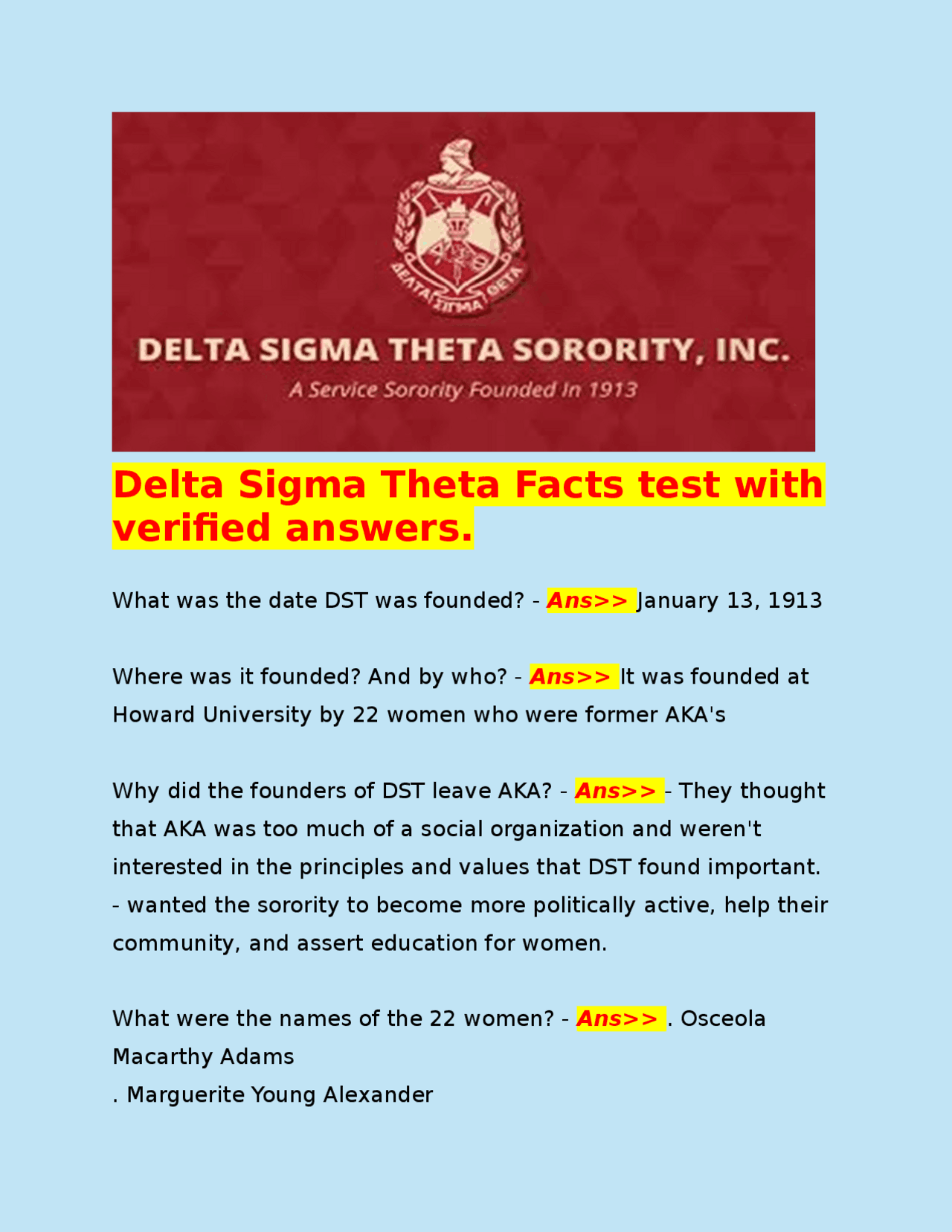 Delta Sigma Theta Facts test with verified answers. What was the date ...