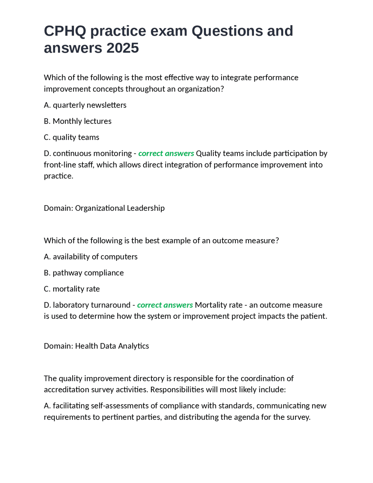 CPHQ practice exam Questions and answers 2025 | Exams Personal Health ...