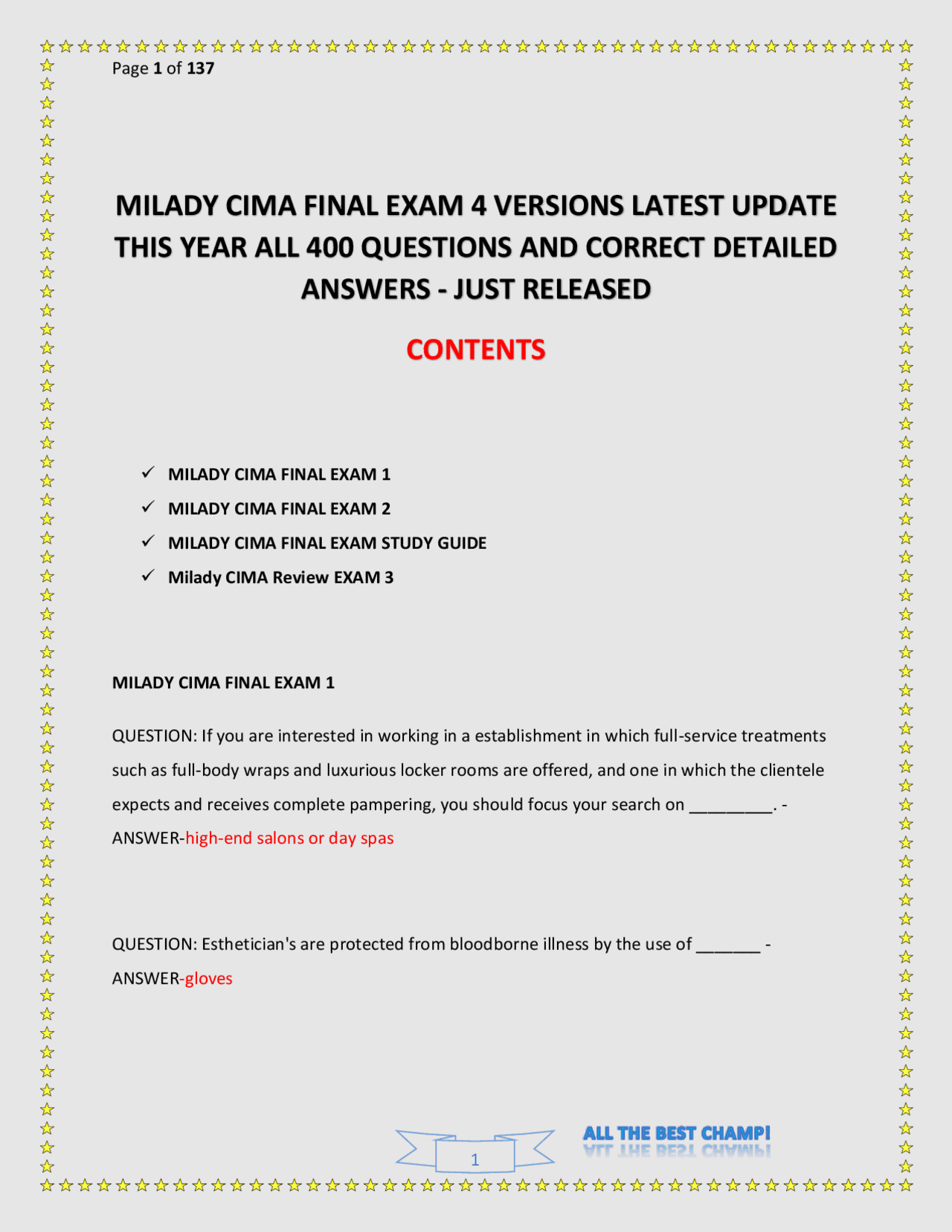 MILADY CIMA FINAL EXAM 4 VERSIONS LATEST UPDATE THIS YEAR ALL 400 ...