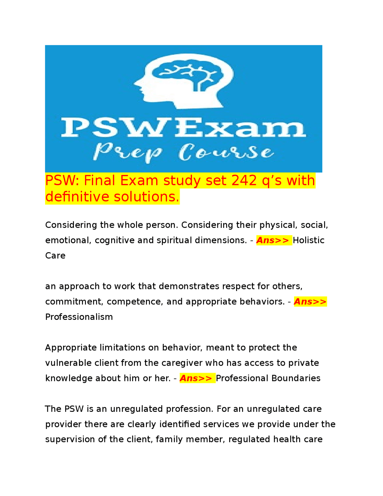 PSW Final Exam Study Set: 242 Questions with Definitive Solutions ...