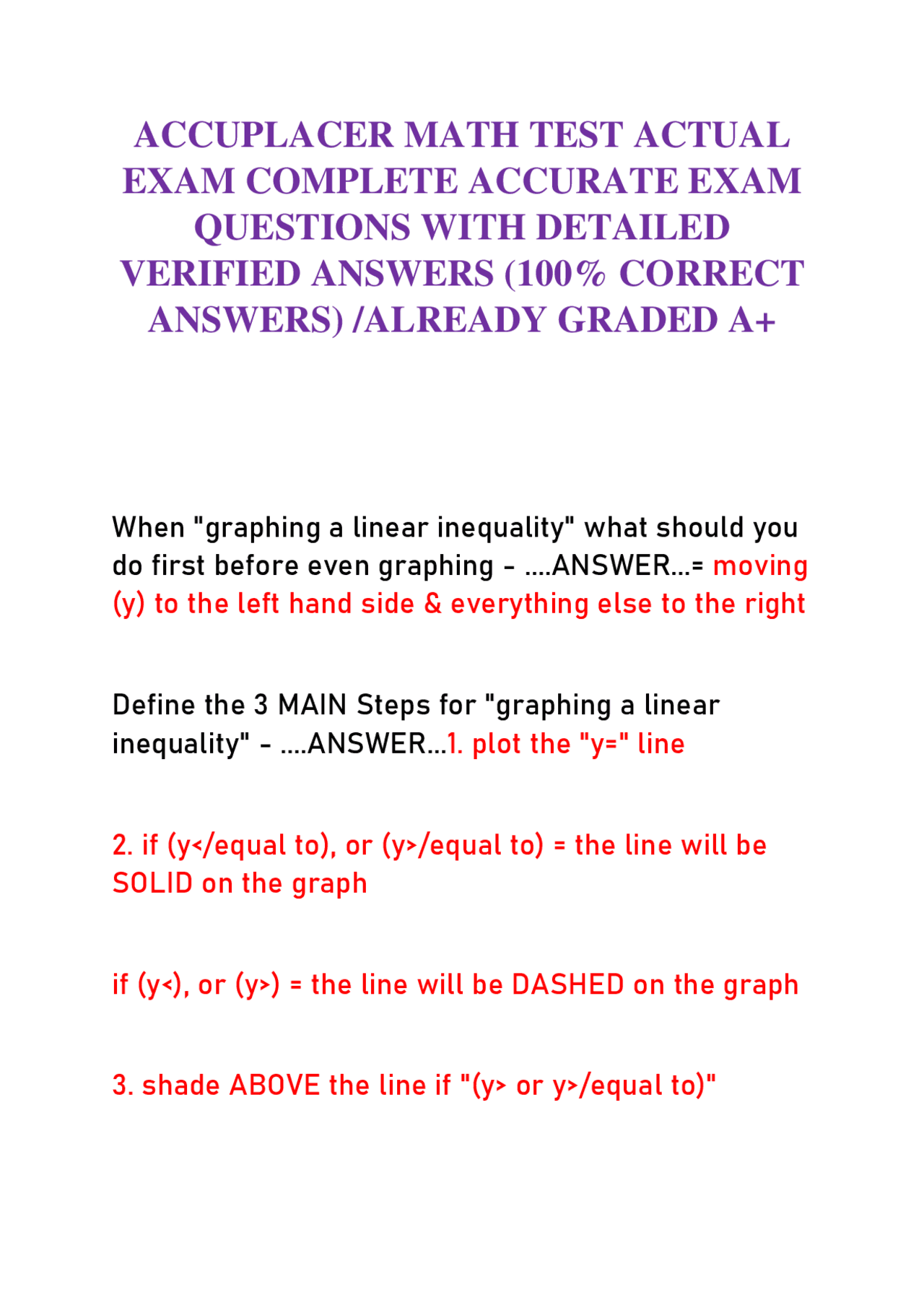 ACCUPLACER Math Test: Complete Exam Questions with Detailed Answers ...