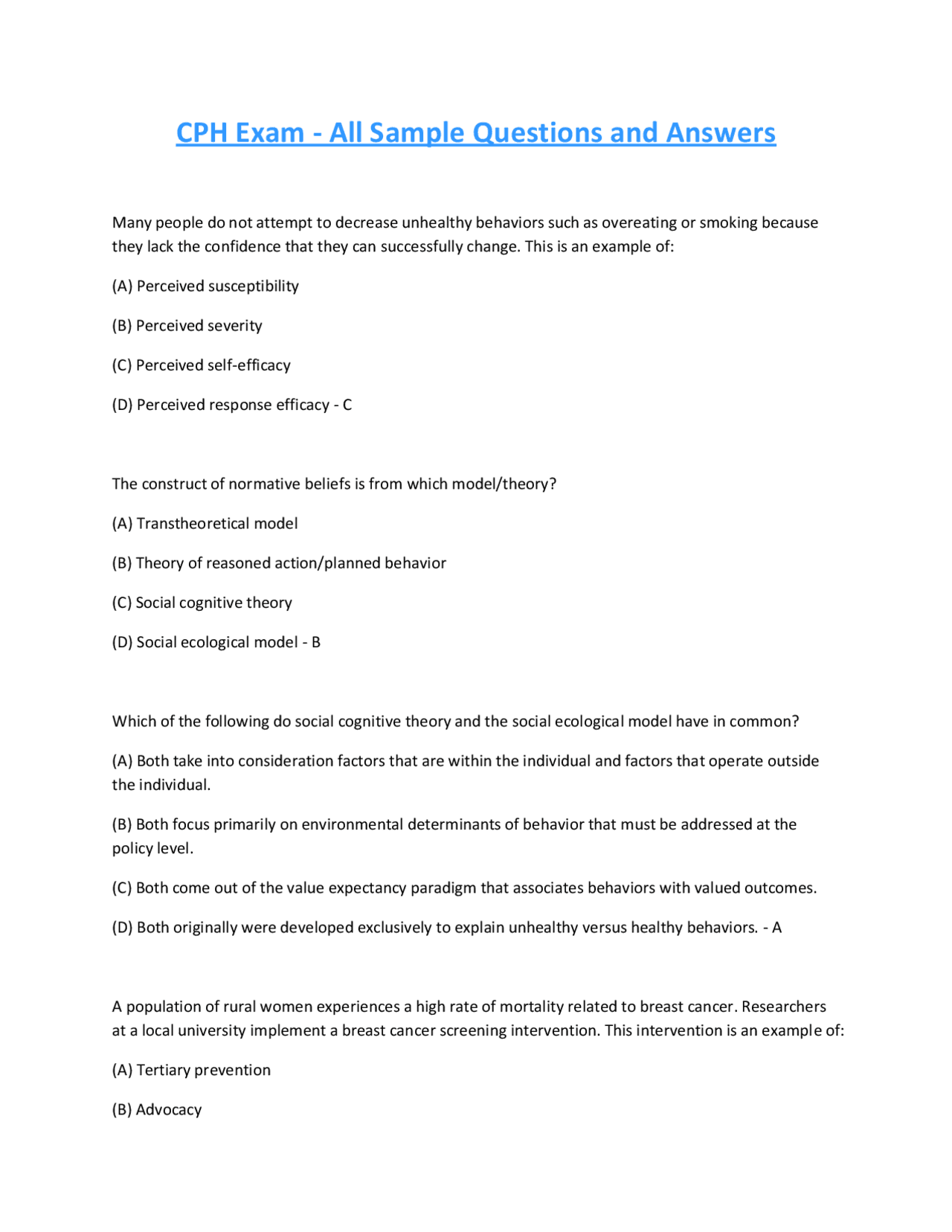 CPH Exam Sample Questions and Answers: Health Behavior Theories and ...