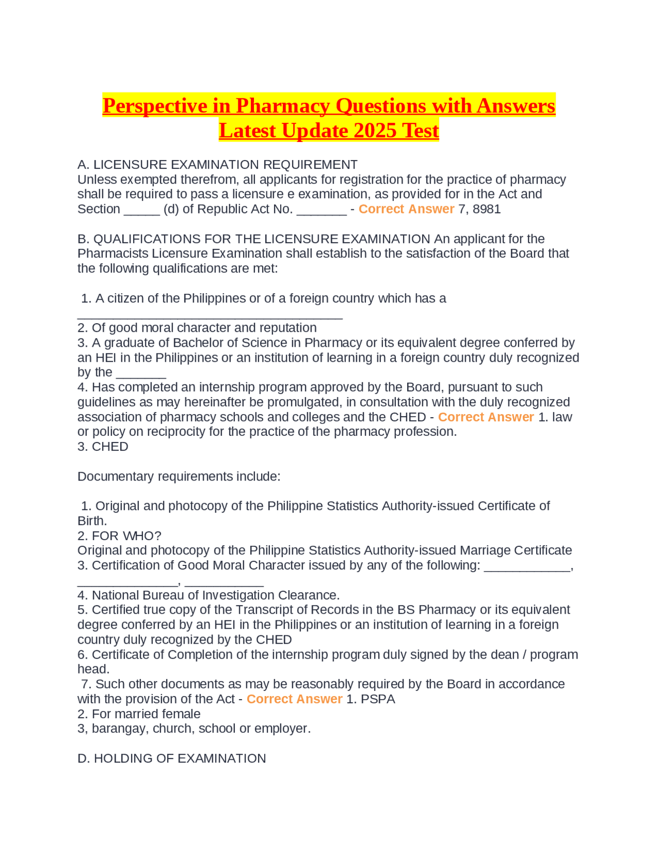 Perspective in Pharmacy Questions with Answers Latest Update 2025 Test ...