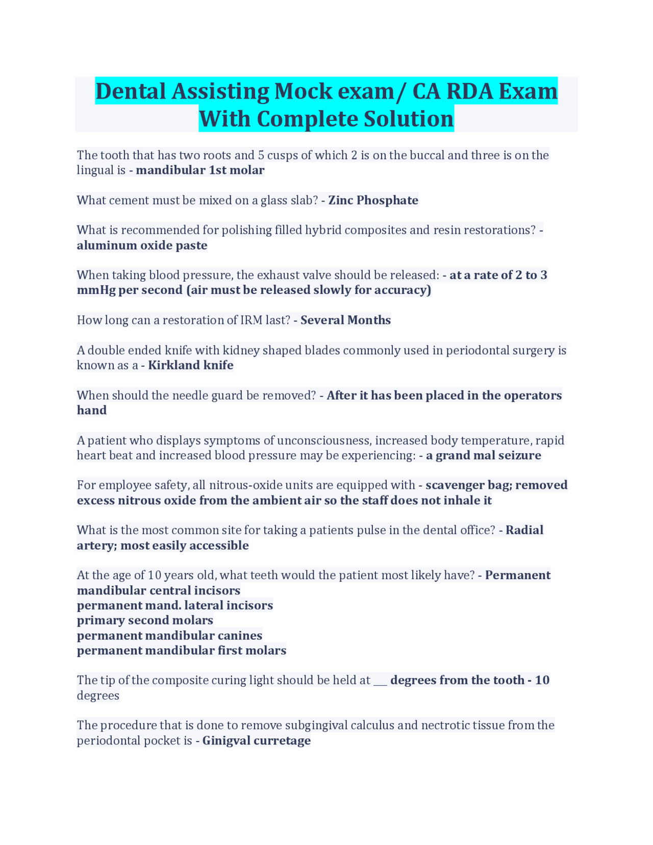 Dental Assisting Mock exam/ CA RDA Exam With Complete Solution | Exams ...