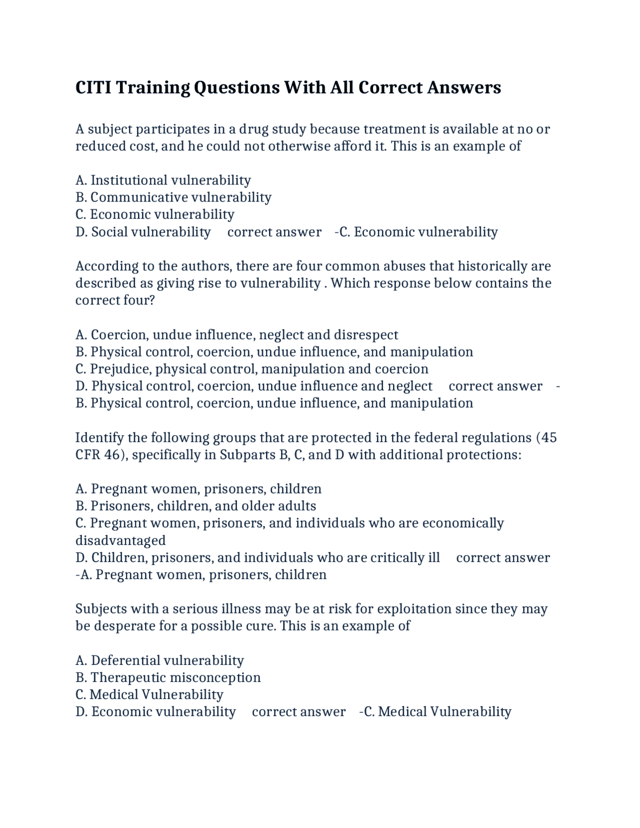 CITI Training Questions With All Correct Answers | Exams Public Health ...