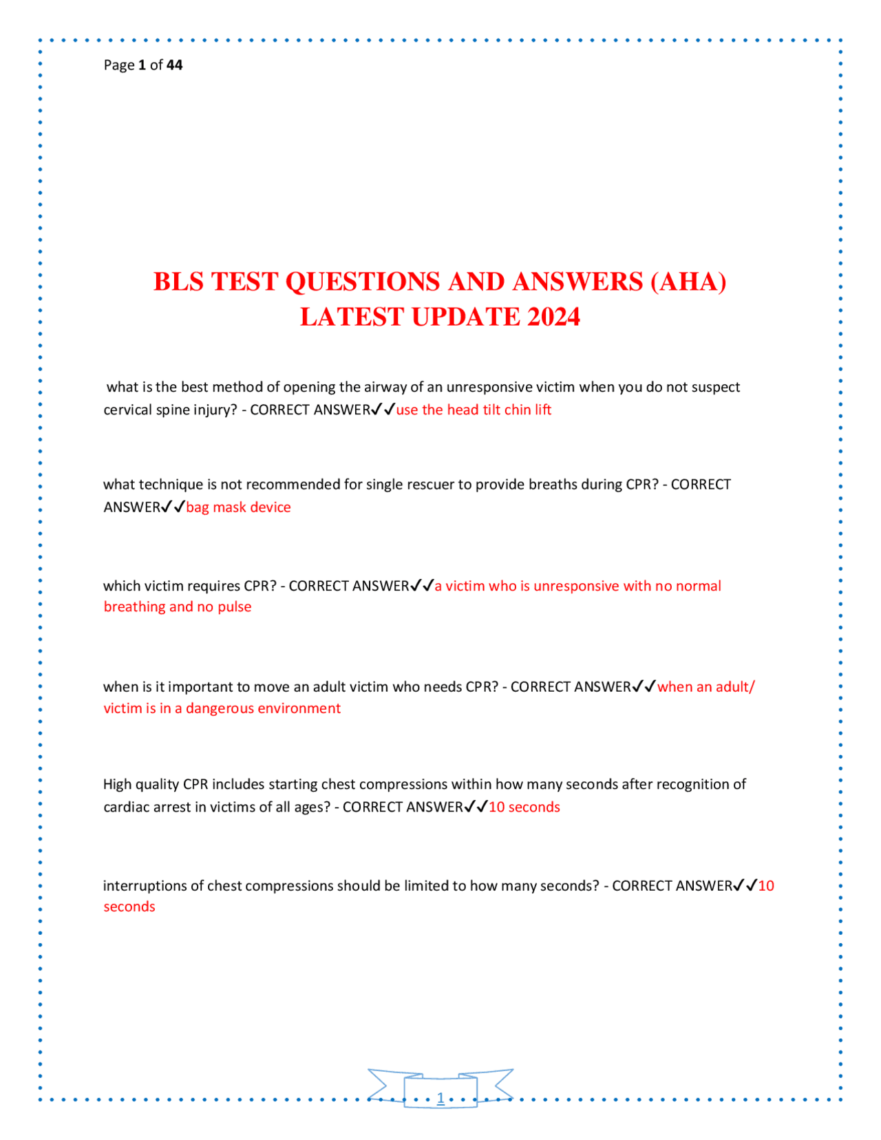 BLS Test Questions and Answers (AHA) - Latest Update 2024 | Exams ...