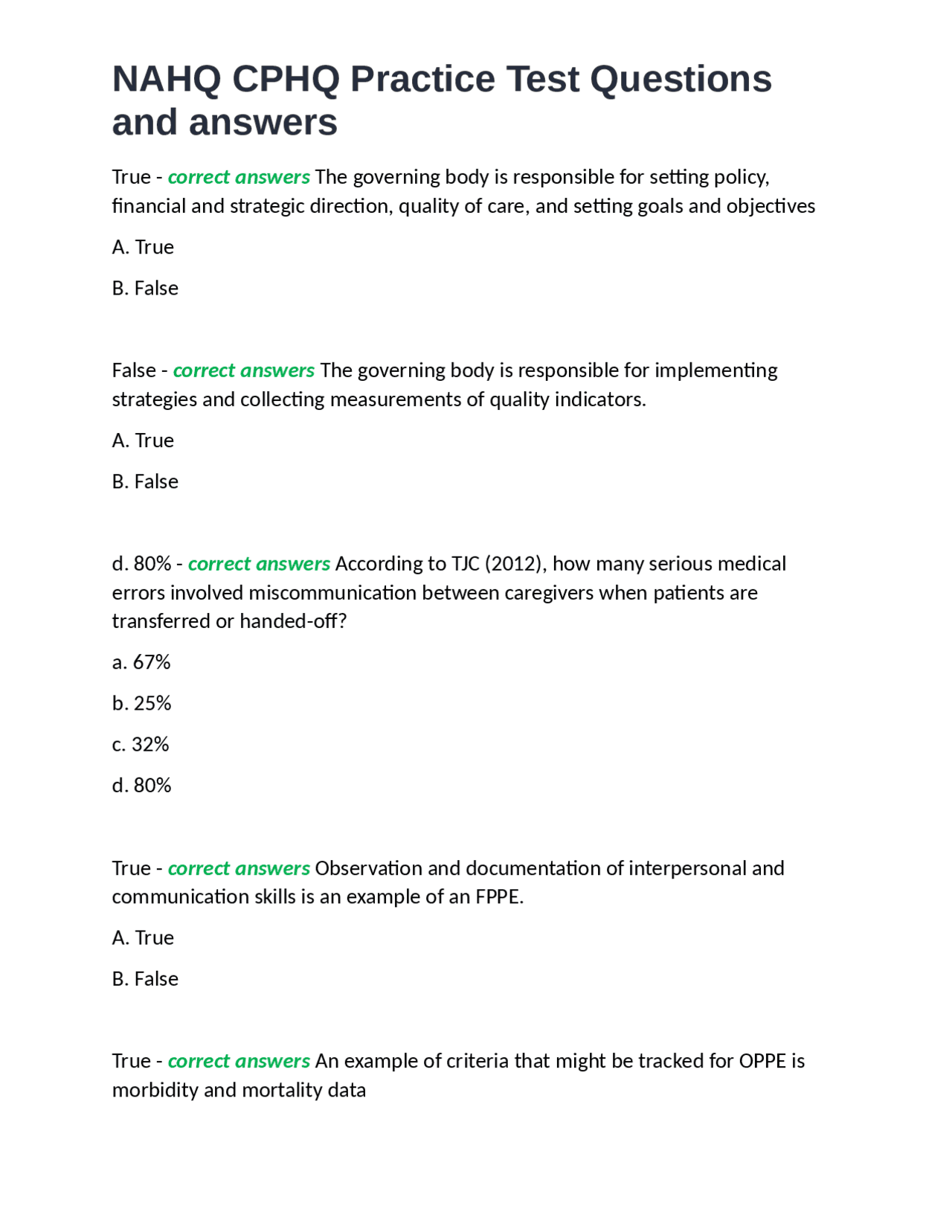 NAHQ CPHQ Practice Test Questions and answers | Exams Health sciences ...