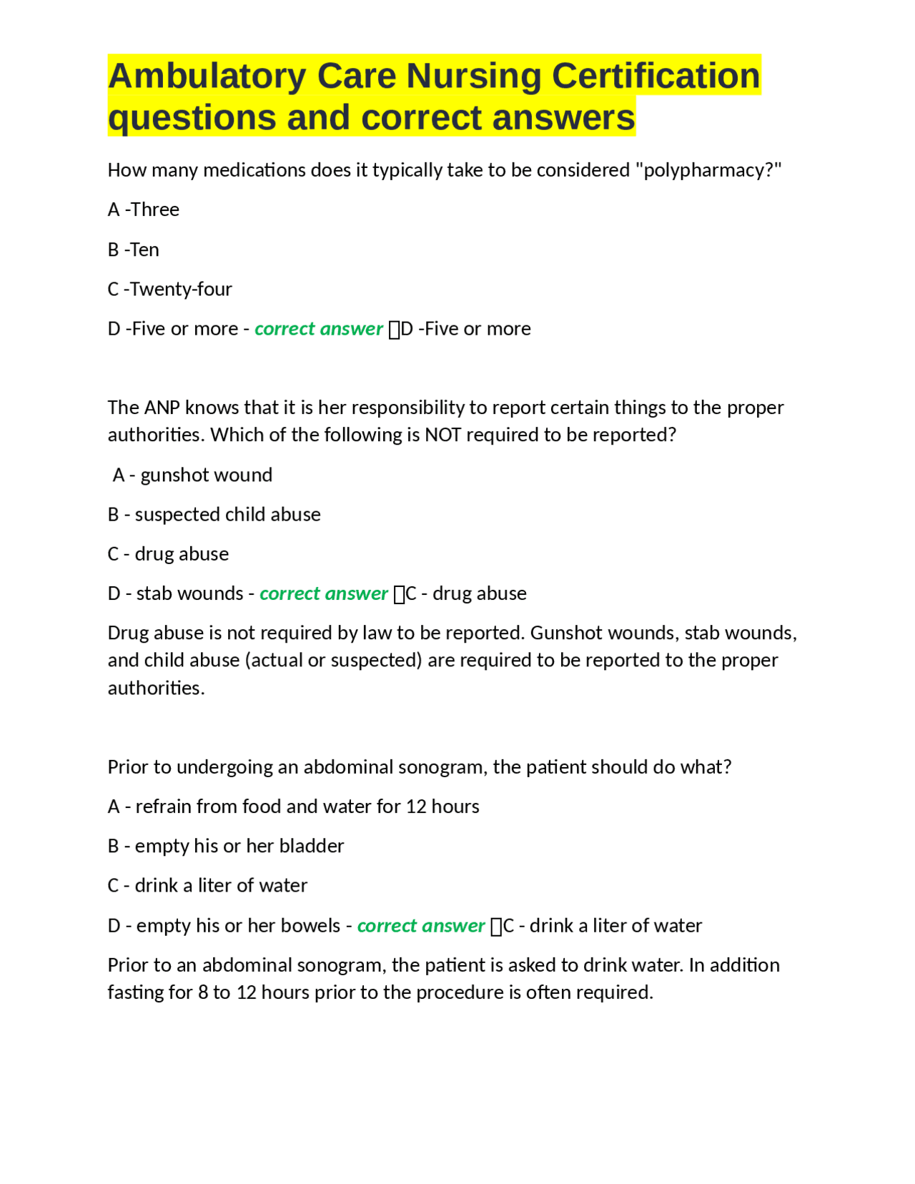 Ambulatory Care Nursing Certification questions and correct answers ...