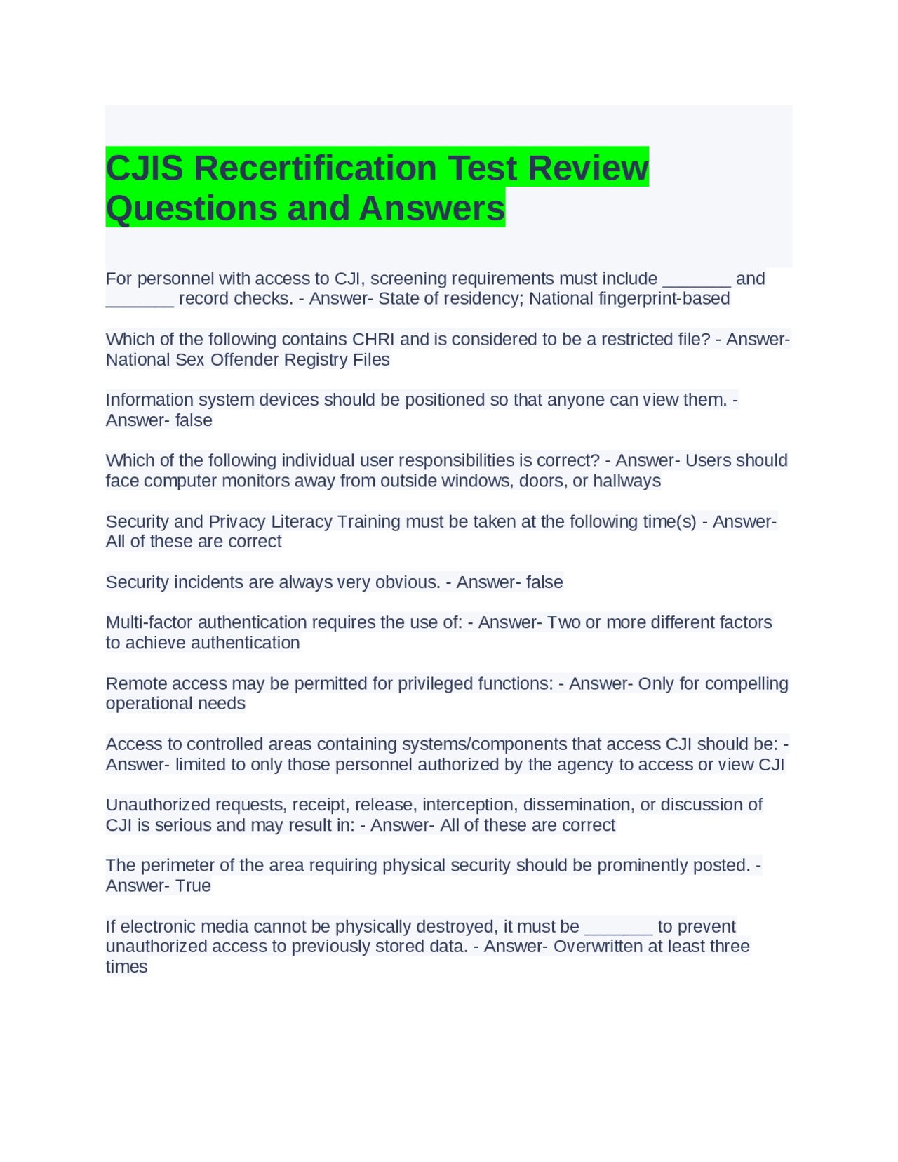 CJIS Recertification Test Review: Questions and Answers | Exams ...