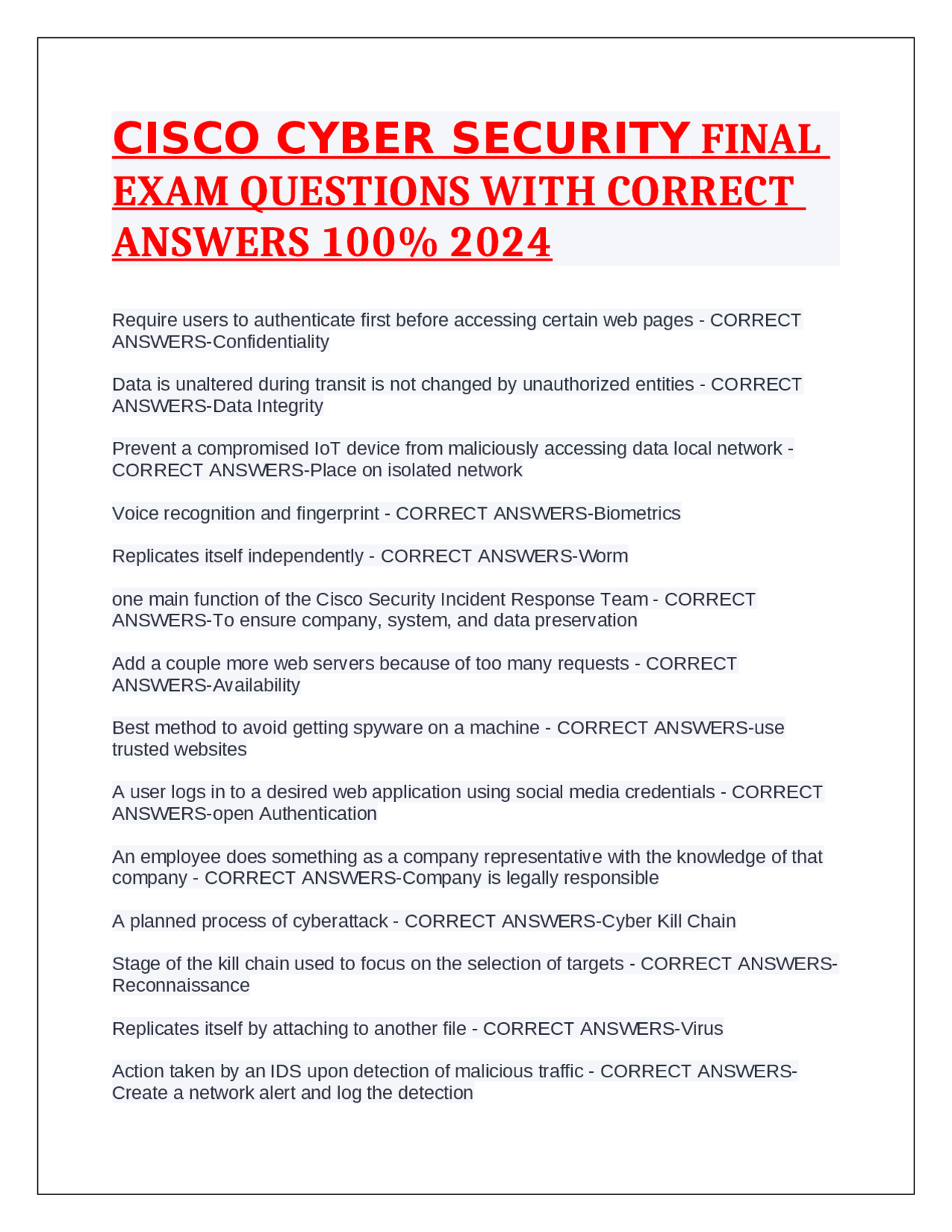 CISCO CYBER SECURITY FINAL EXAM QUESTIONS WITH CORRECT ANSWERS 100% 2024 | Exams Advanced ...