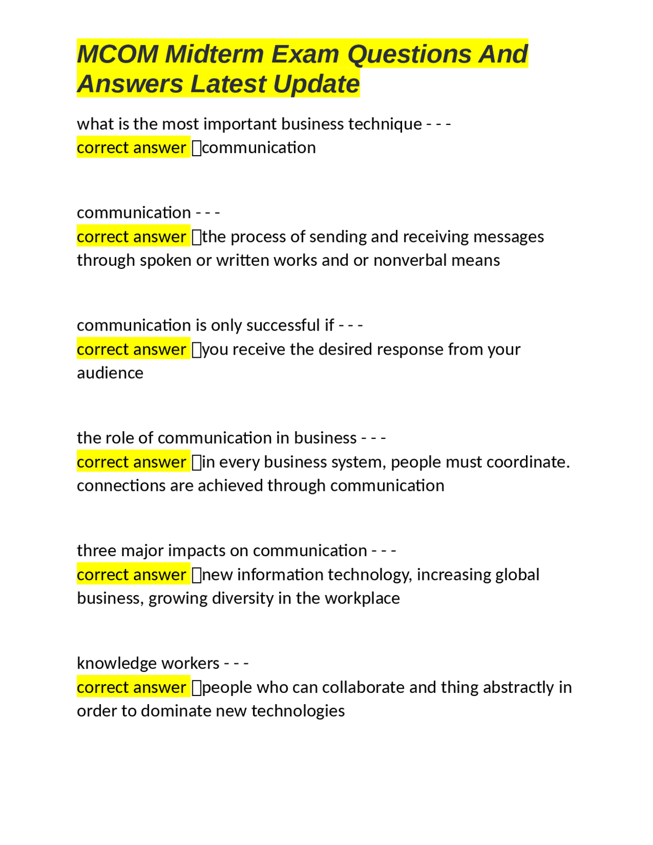 MCOM Midterm Exam Questions and Answers: Business Communication Fundamentals | Exams Linguistics ...