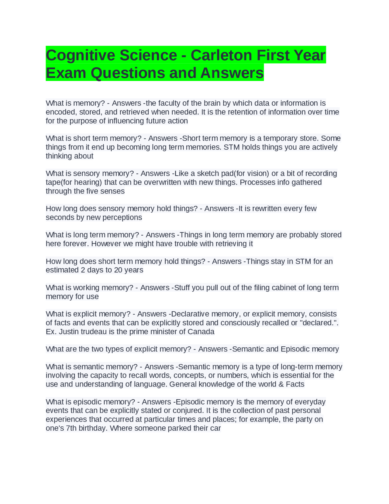 Cognitive Science Exam Questions and Answers: A Guide to Memory ...