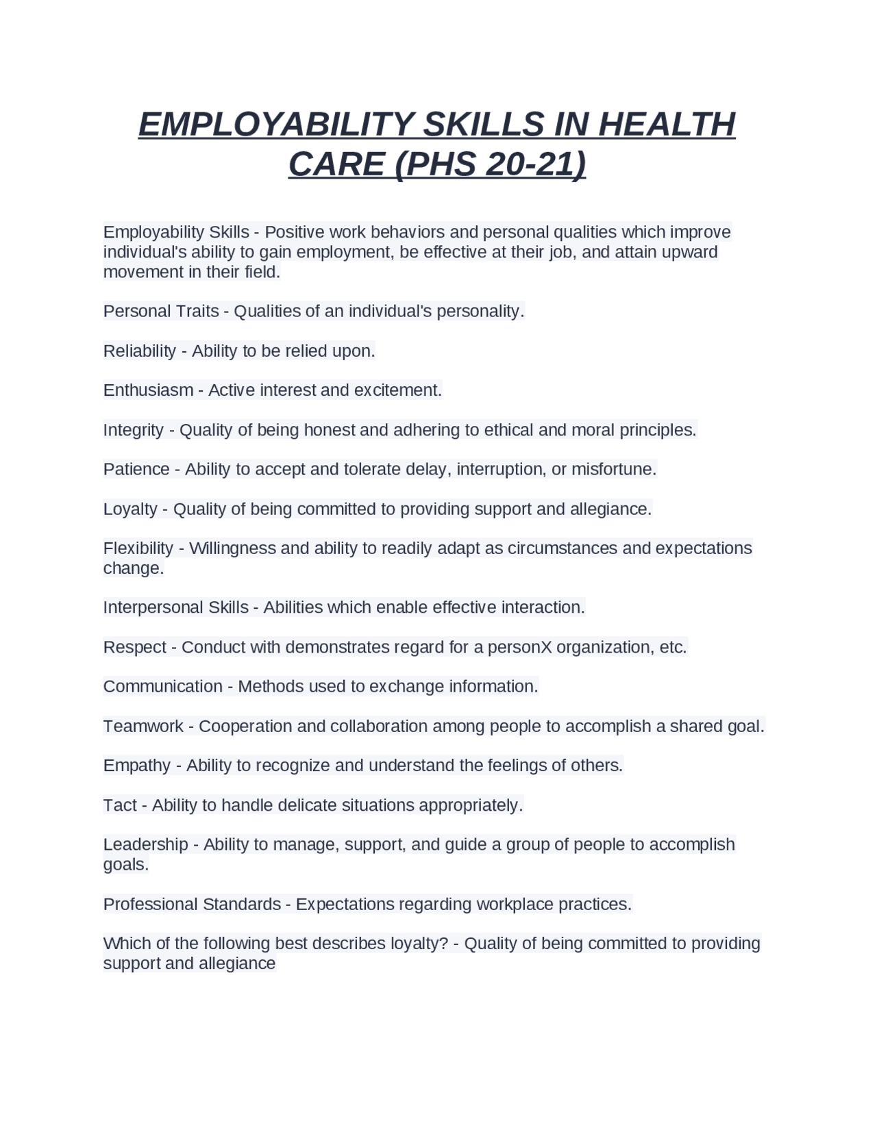EMPLOYABILITY SKILLS IN HEALTH CARE (PHS 20-21) | Exams Advanced ...