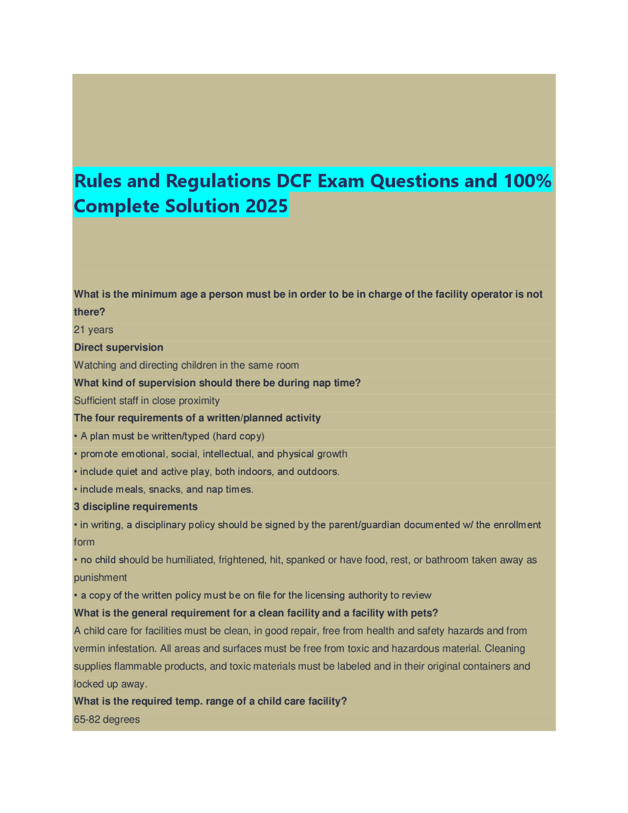DCF Exam Questions and Answers: Childcare Rules and Regulations | Exams ...