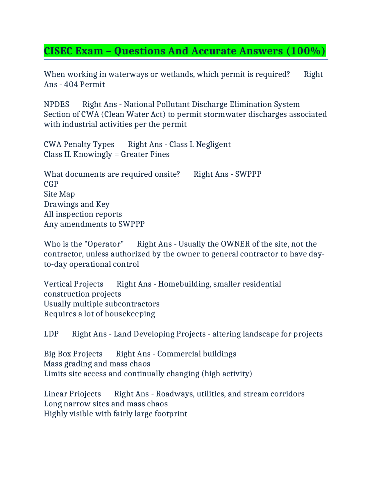 CISEC Exam - Questions and Answers: Environmental Protection and ...