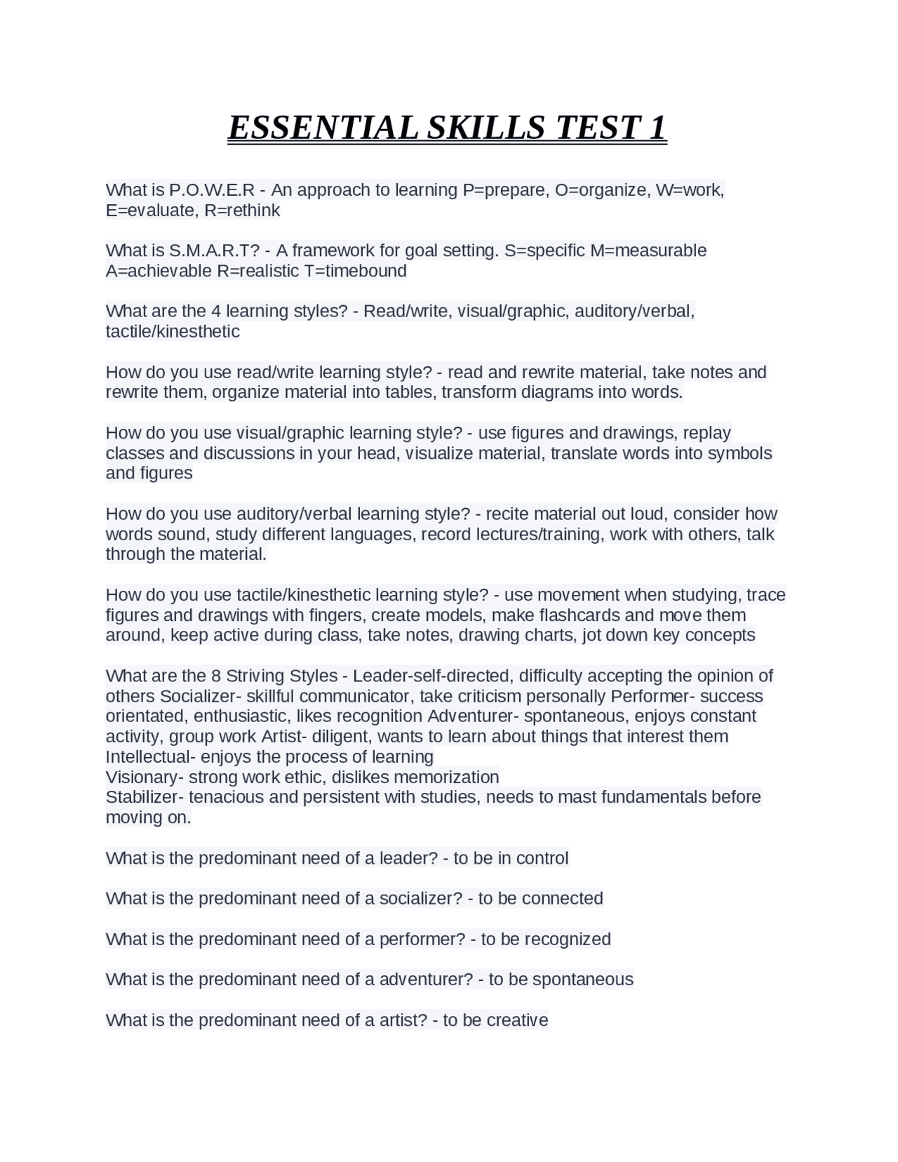 Essential Skills Test 1: Learning and Striving Styles | Exams Advanced ...