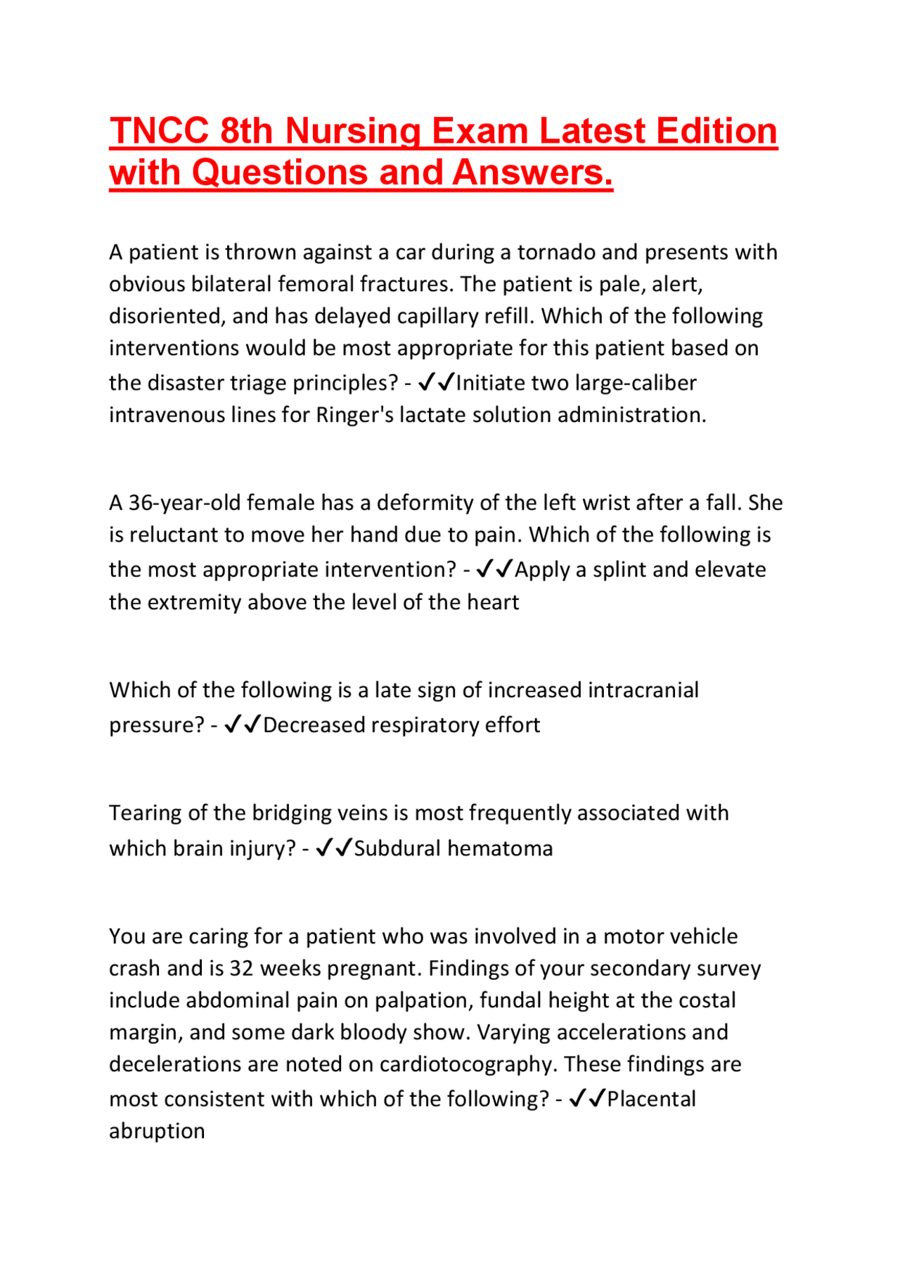 TNCC 8th Nursing Exam Latest Edition: Trauma Nursing Multiple Choice ...