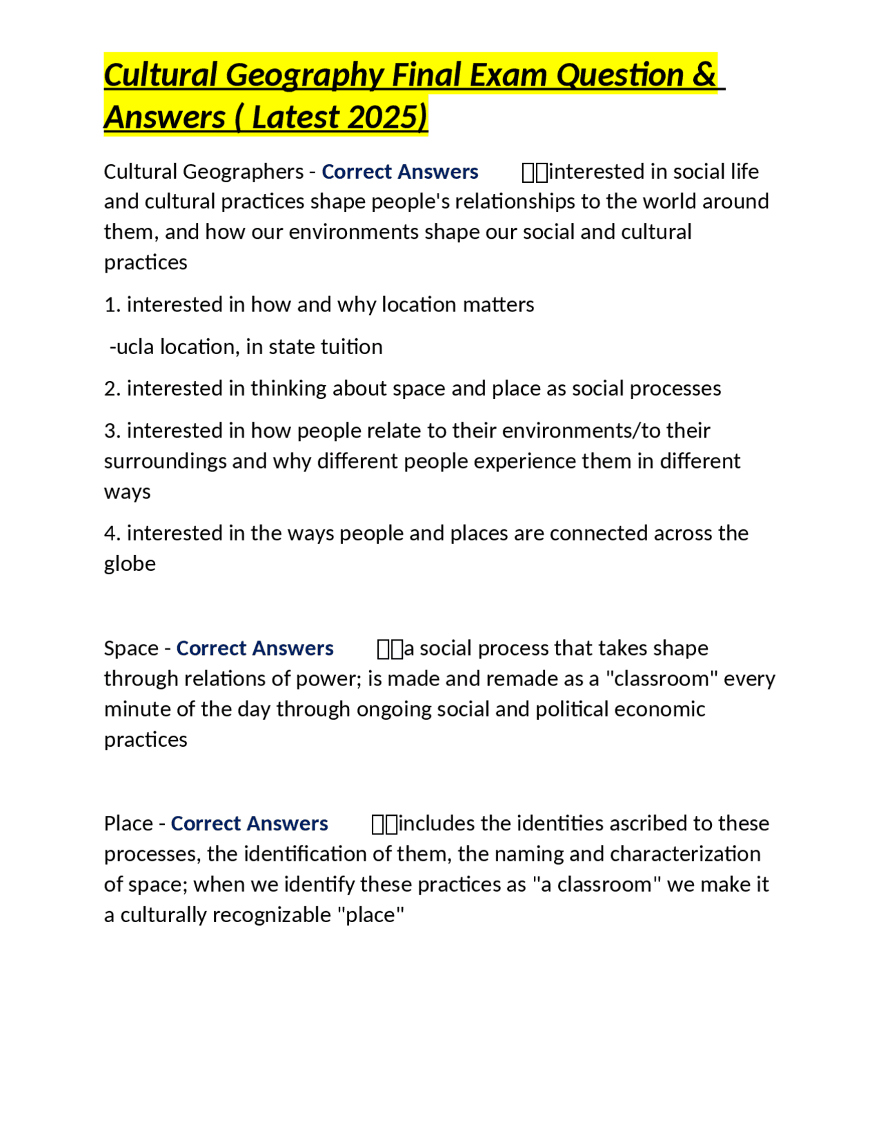 Cultural Geography Final Exam Questions and Answers | Exams Historical ...