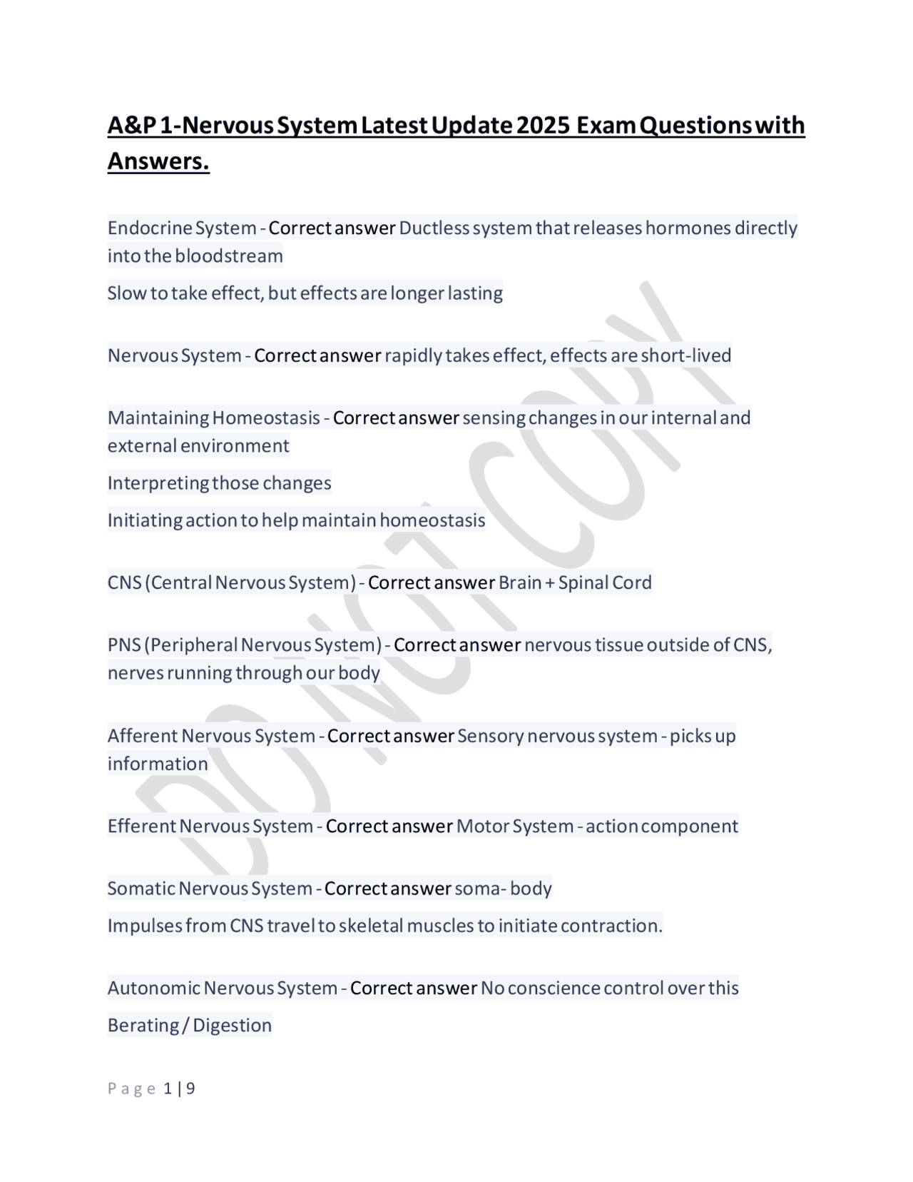 Anatomy and Physiology 1: Nervous System Exam Questions and Answers | Exams Computer-Aided Power ...