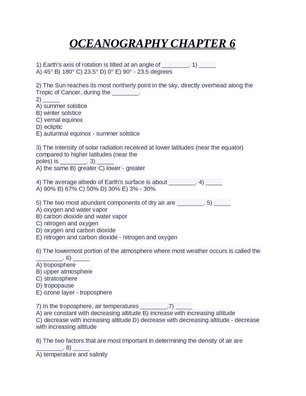 Oceanography Chapter 6: Multiple Choice Questions and Answers | Exams ...