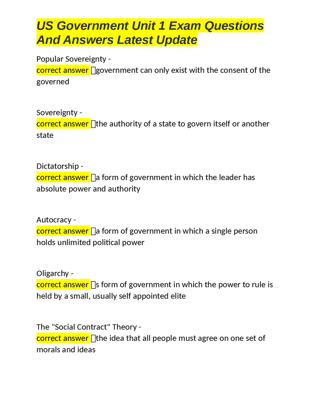 US Government Unit 1 Exam Questions And Answers Latest Update | Exams ...
