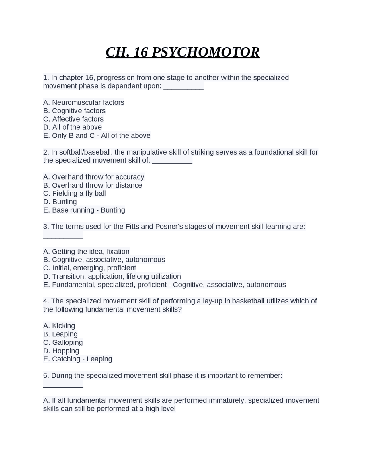 Psychomotor Skills: Multiple Choice Questions and Answers | Exams ...