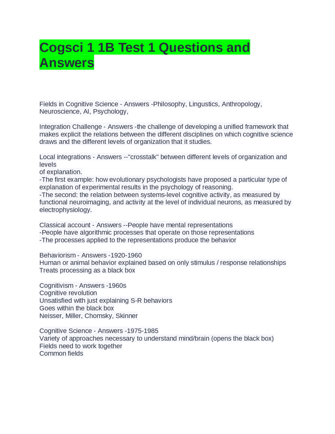 Cogsci 1 1b Test 1 Questions And Answers An Introduction To Cognitive Science Exams Advanced