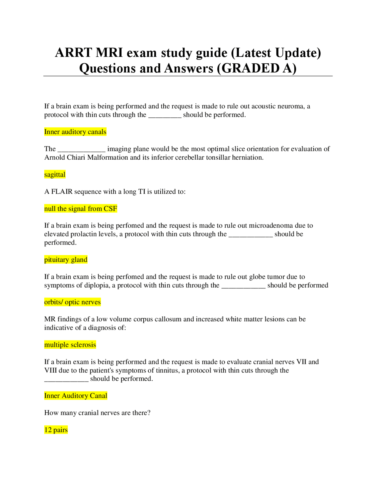 ARRT MRI Exam Study Guide: Questions and Answers (Latest Update ...