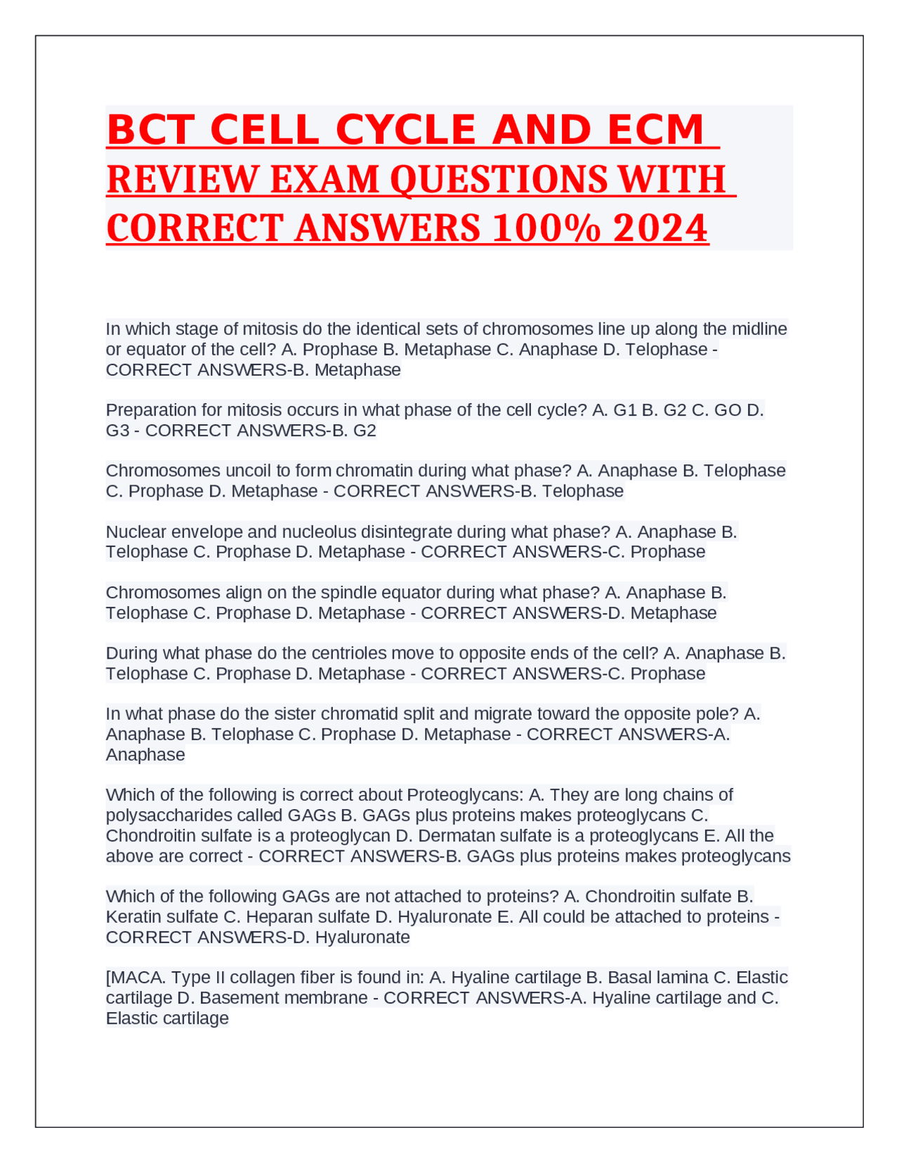 Cell Cycle and Extracellular Matrix: Review Exam Questions with Answers ...