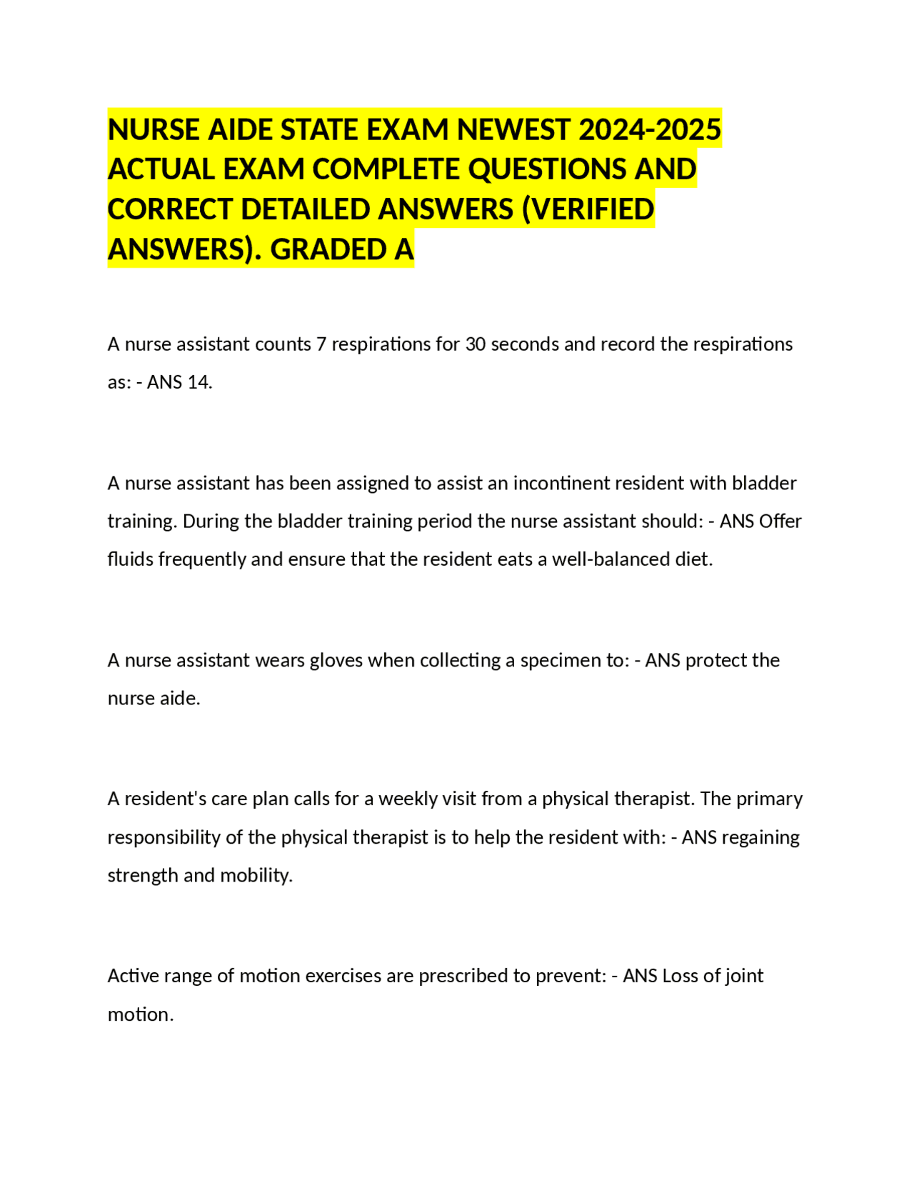 Nurse Aide State Exam Practice Questions and Answers | Exams Nursing ...