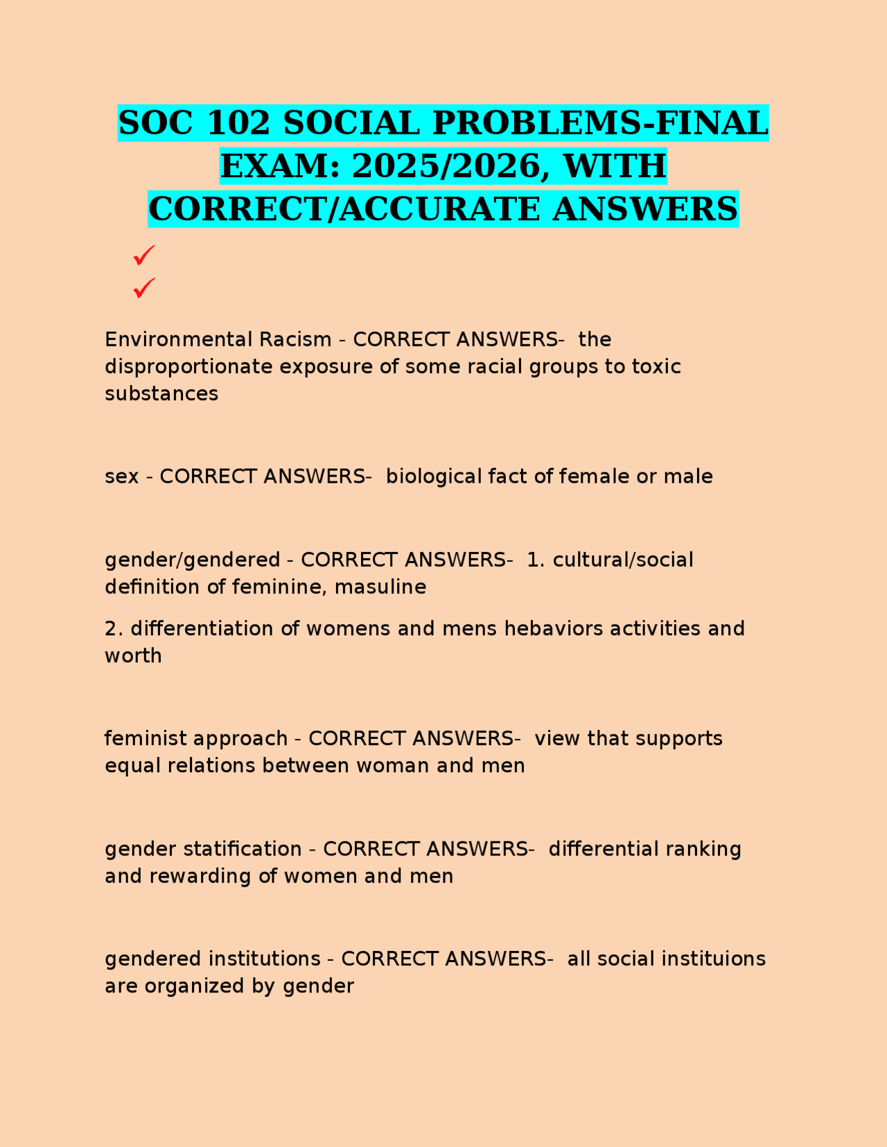 SOC 102 Social Problems - Final Exam: 2025/2026 with Correct Answers ...
