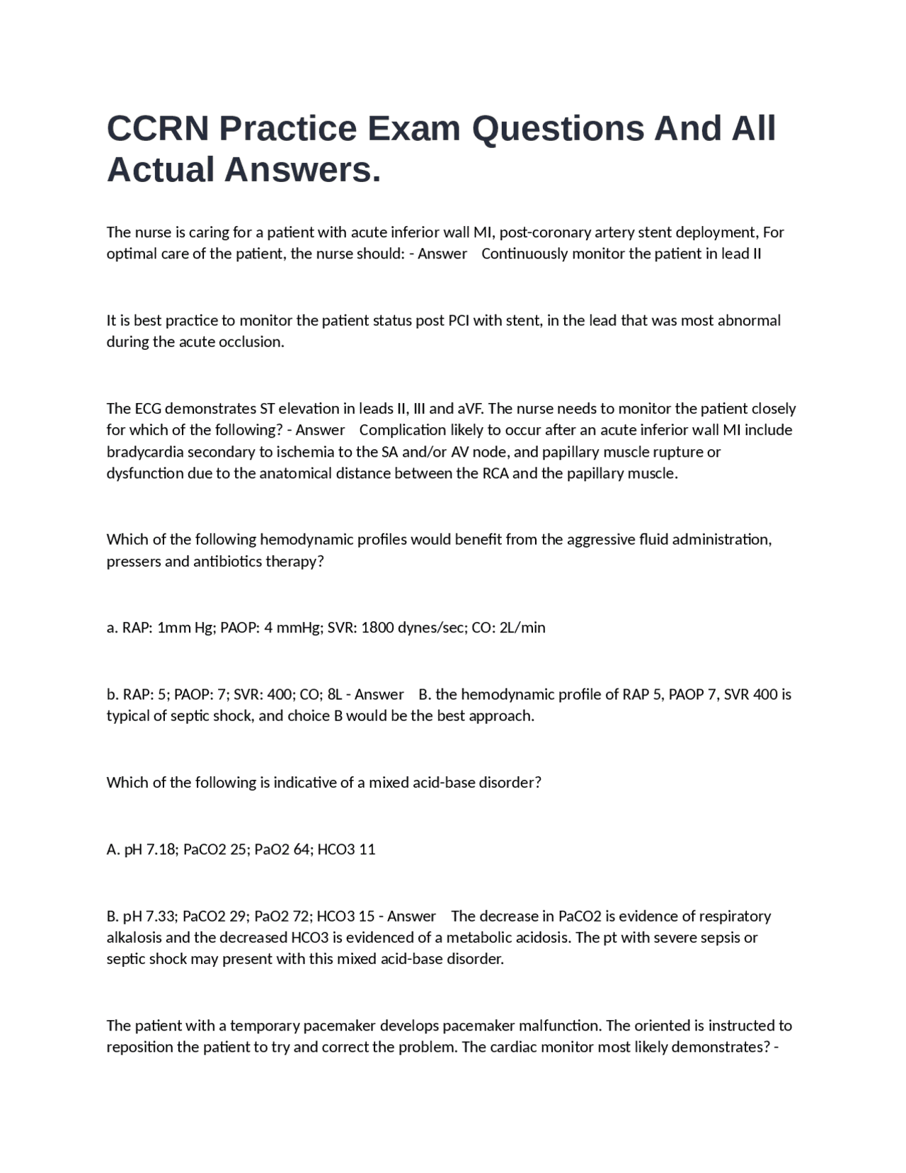 CCRN Practice Exam Questions and Answers: Critical Care Nursing | Exams ...