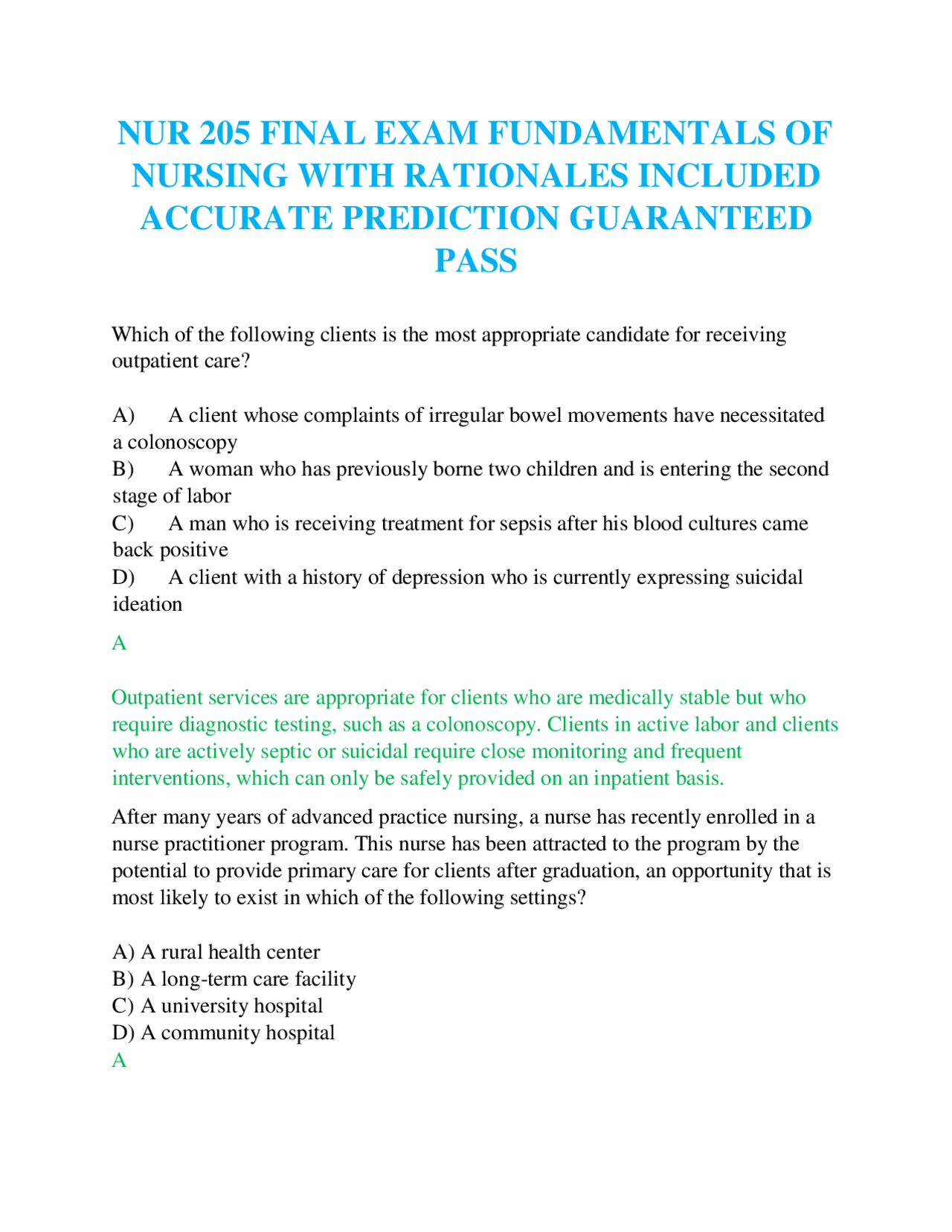 NUR 205 Final Exam: Fundamentals of Nursing with Rationales | Exams ...