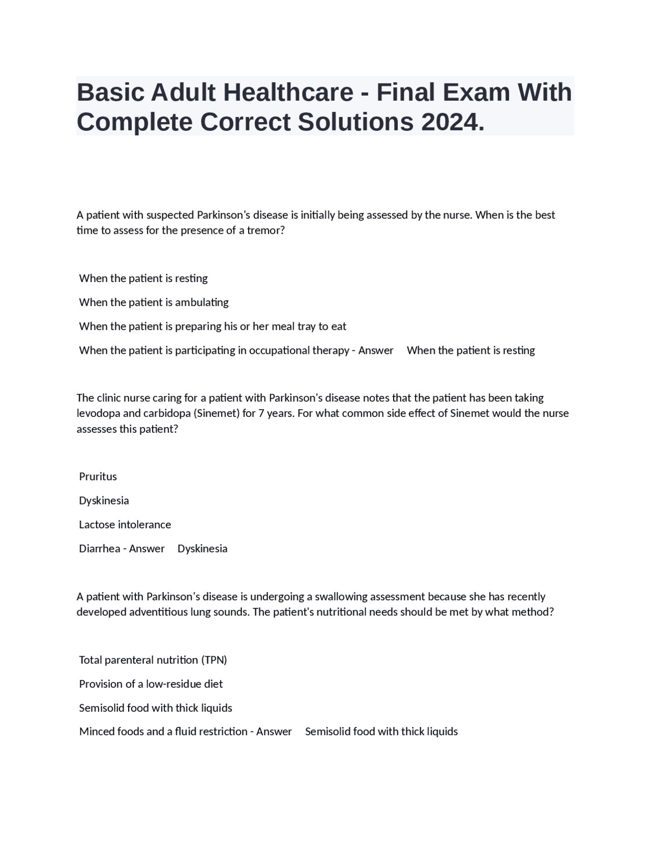Basic Adult Healthcare - Final Exam With Complete Correct Solutions ...