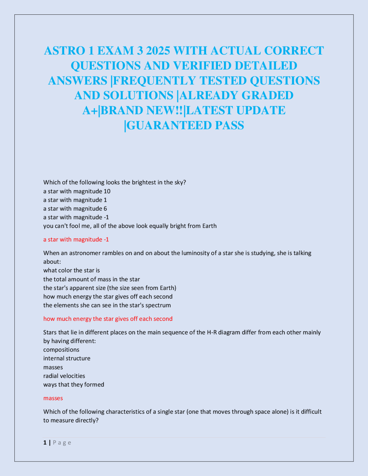 ASTRO 1 EXAM 3 2025: Astronomy Multiple Choice Questions and Answers ...